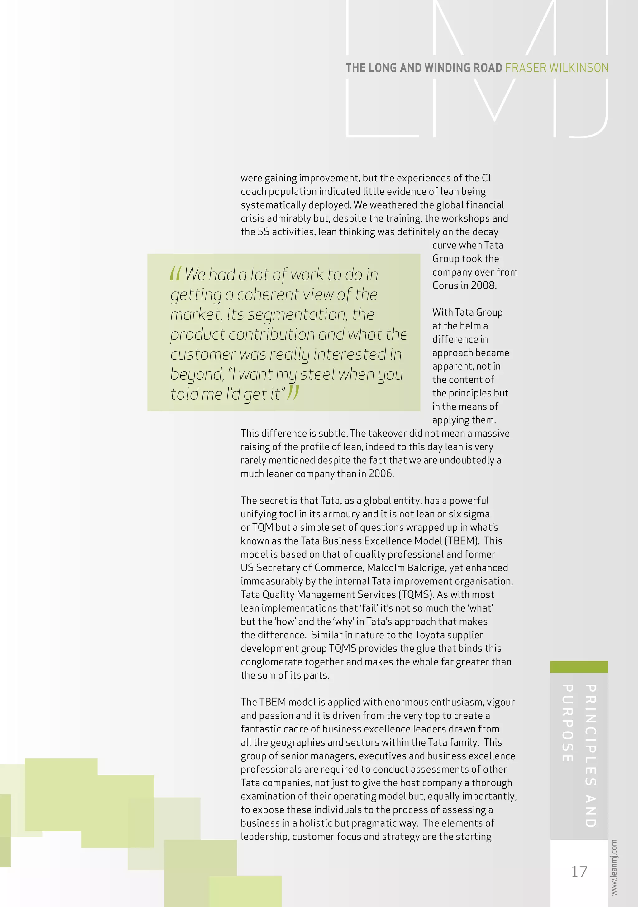 Lean Management Journal Tata Business Excellence Model | PDF