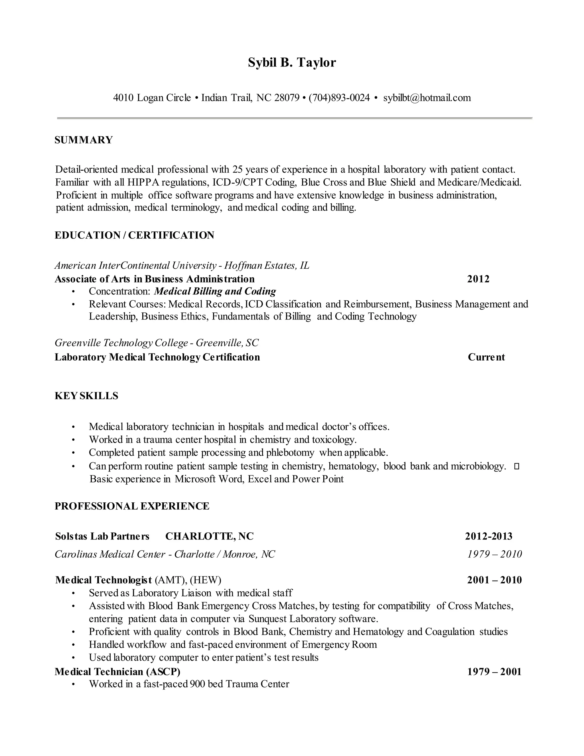 Sybil B Taylor Resume (1) | DOCX | Healthcare Industry | Industries
