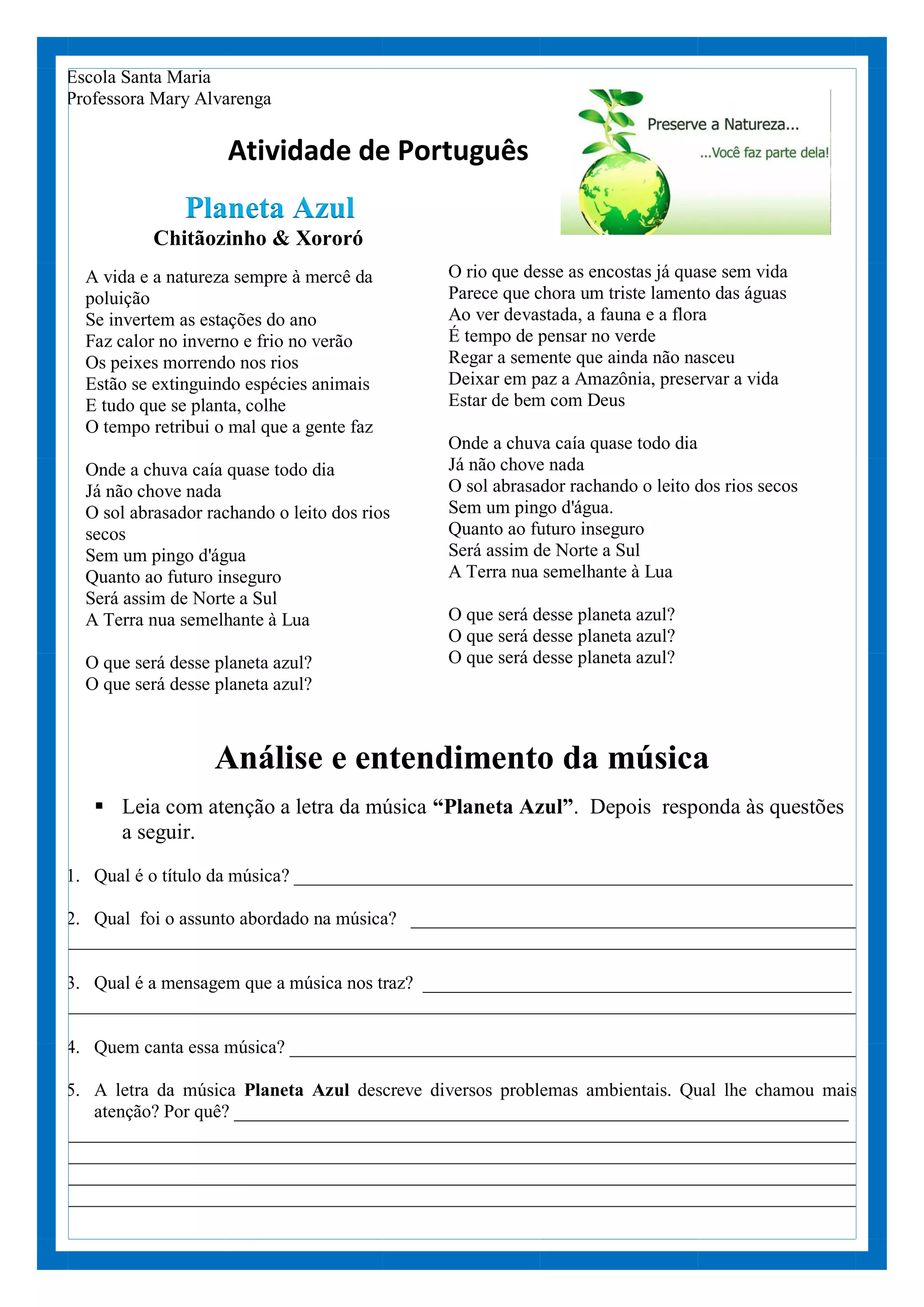 Planeta Azul de Chitãozinho & Xororó - Análise e entendimento | PDF