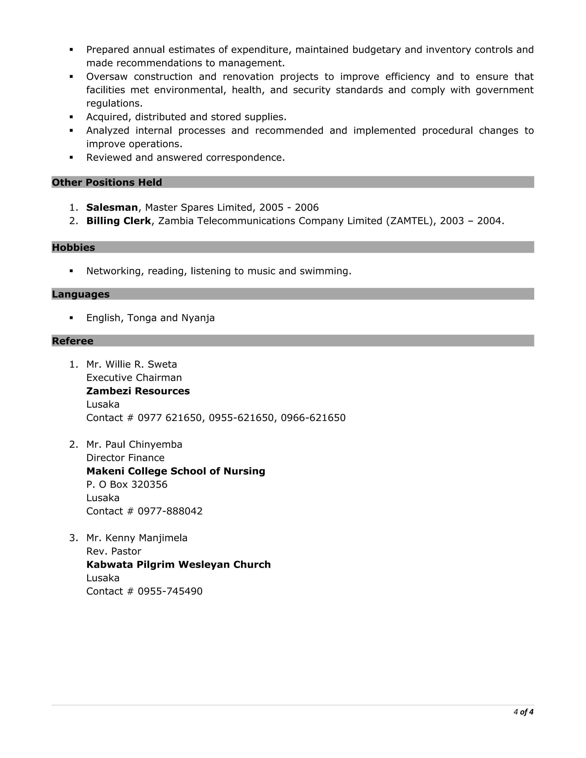 Clive Malambo - CV-1 | DOC | Business Administration | Business