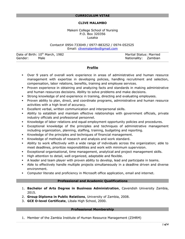 Clive Malambo - CV-1 | DOC | Business Administration | Business