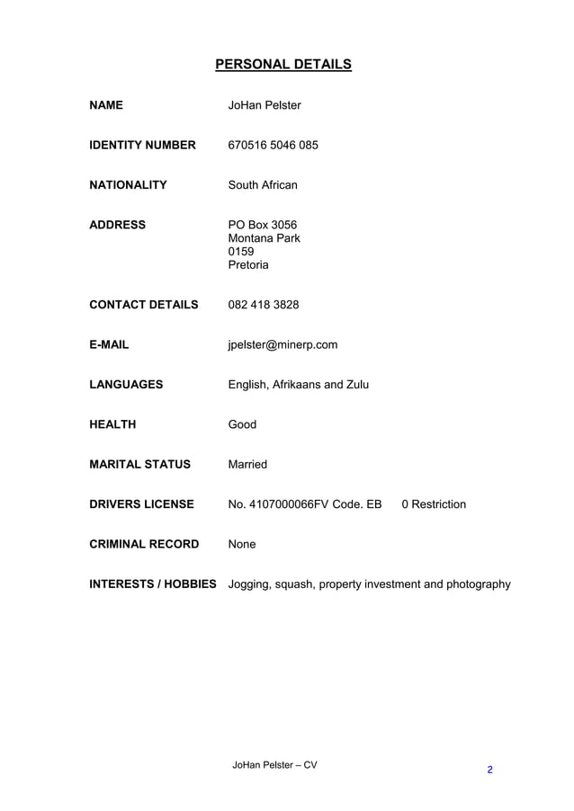 CV - JoHan Pelster - SHE Hygiene, Env, MRM and CAD - 2015 | PDF