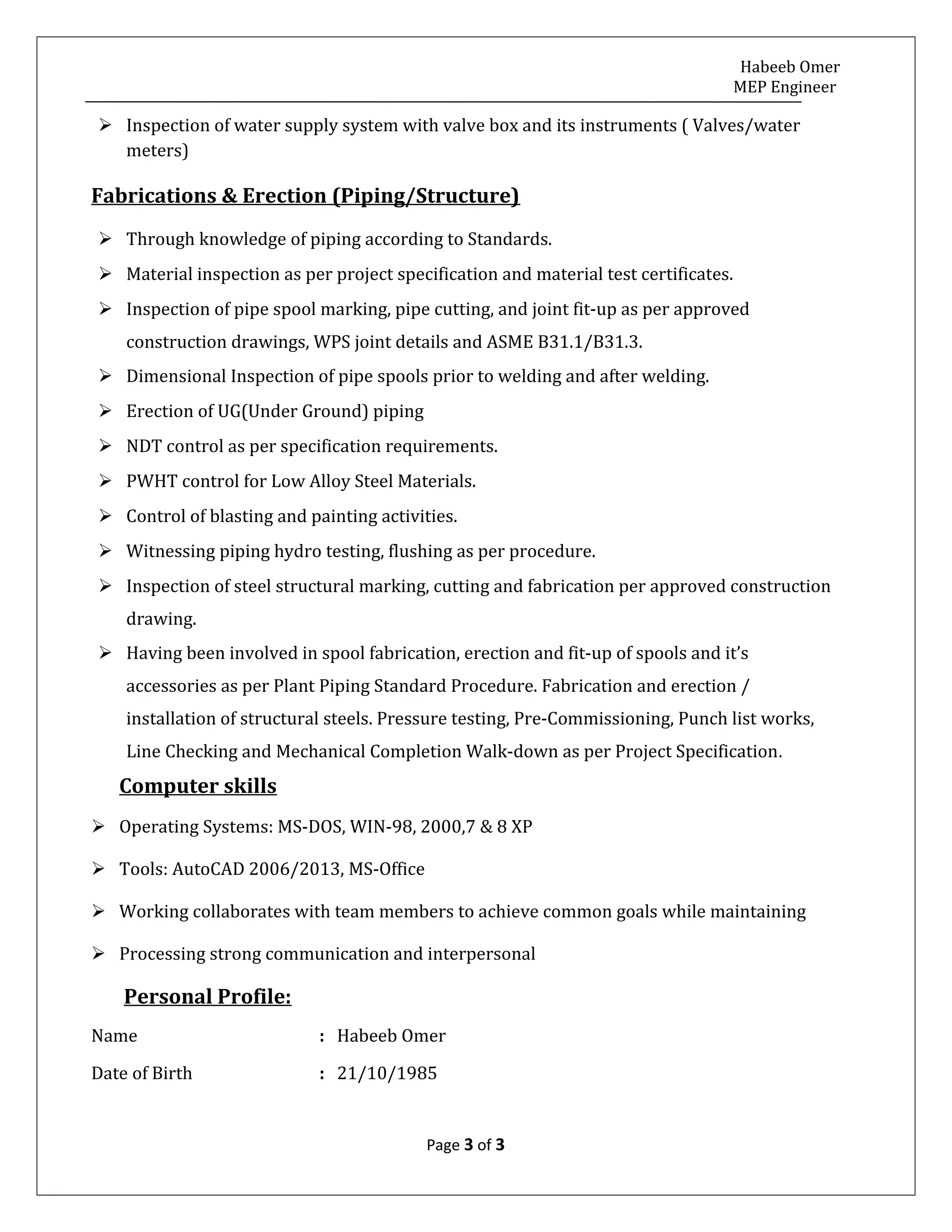 MEP ENGINEER CV HABEEB OMER | DOC