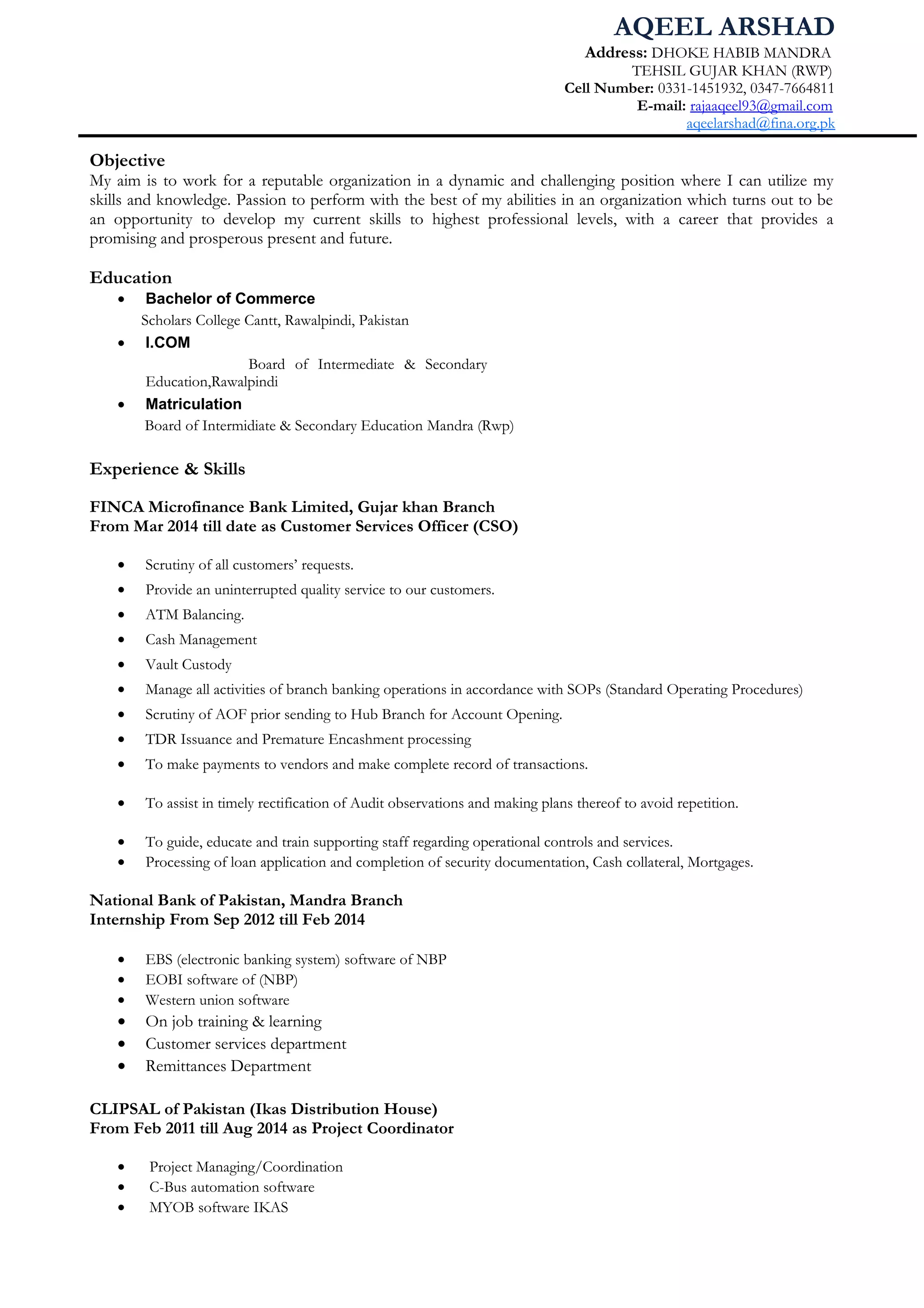 aqeel arshad resume (3) | DOC | Business Banking & Finance | Business