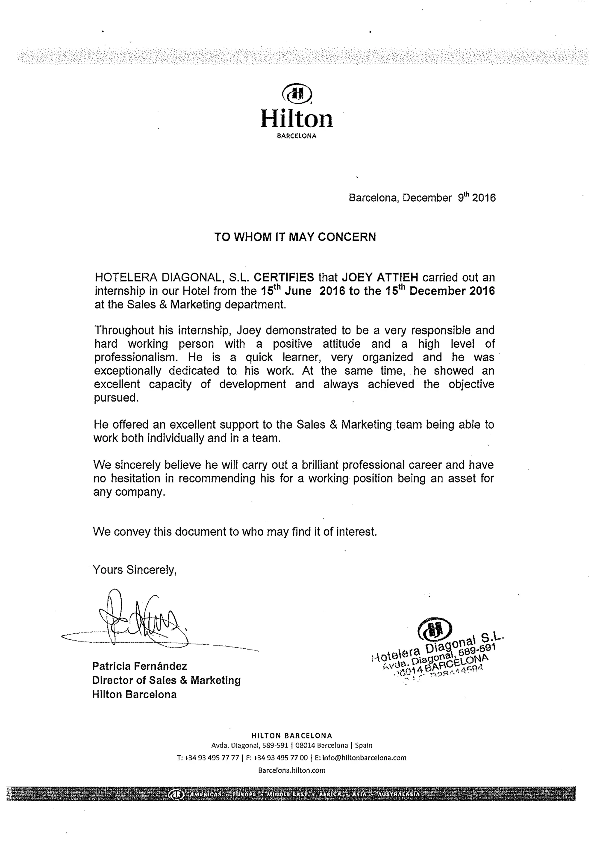 hilton recomendation letter | PDF
