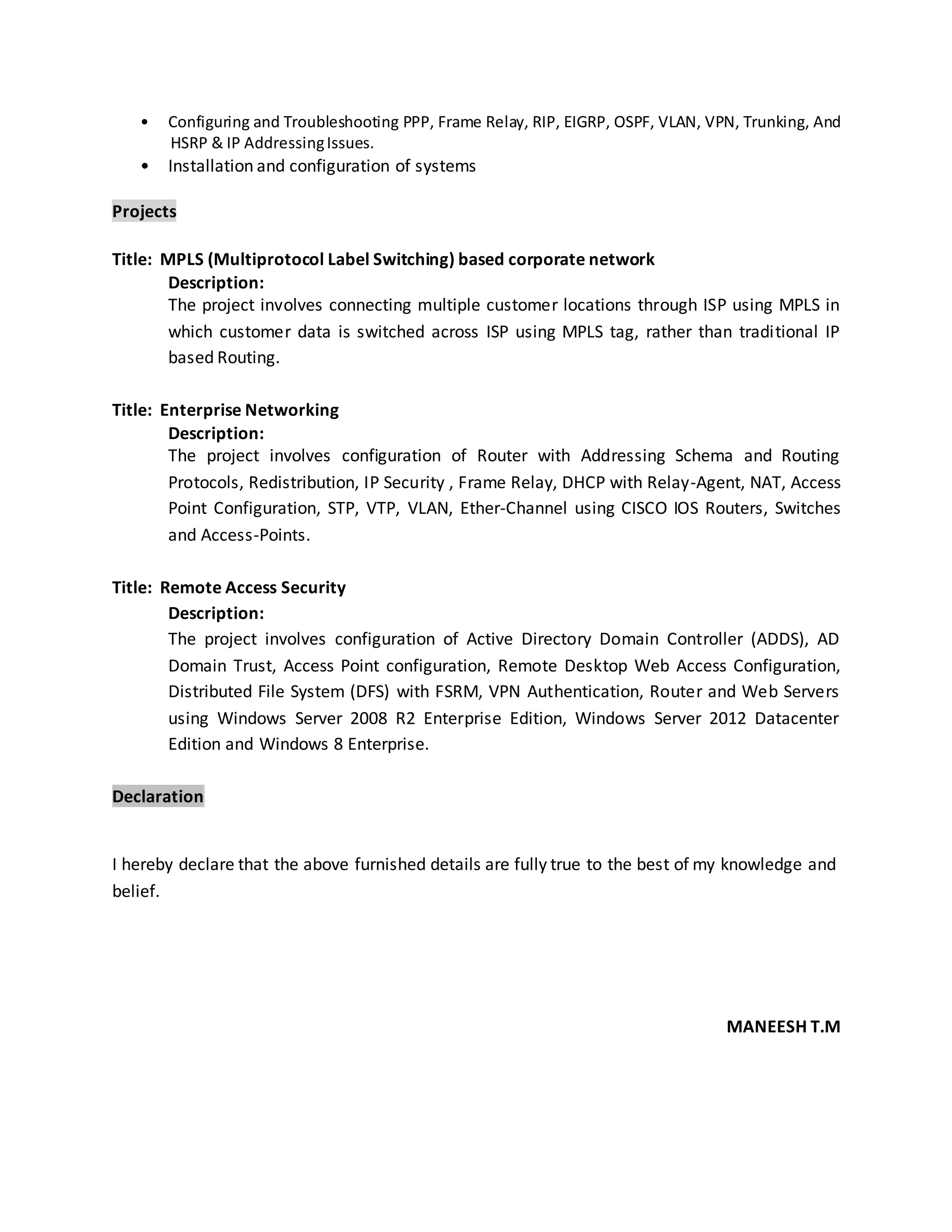 Maneesh CV - | DOCX | Computer Networking | Computing