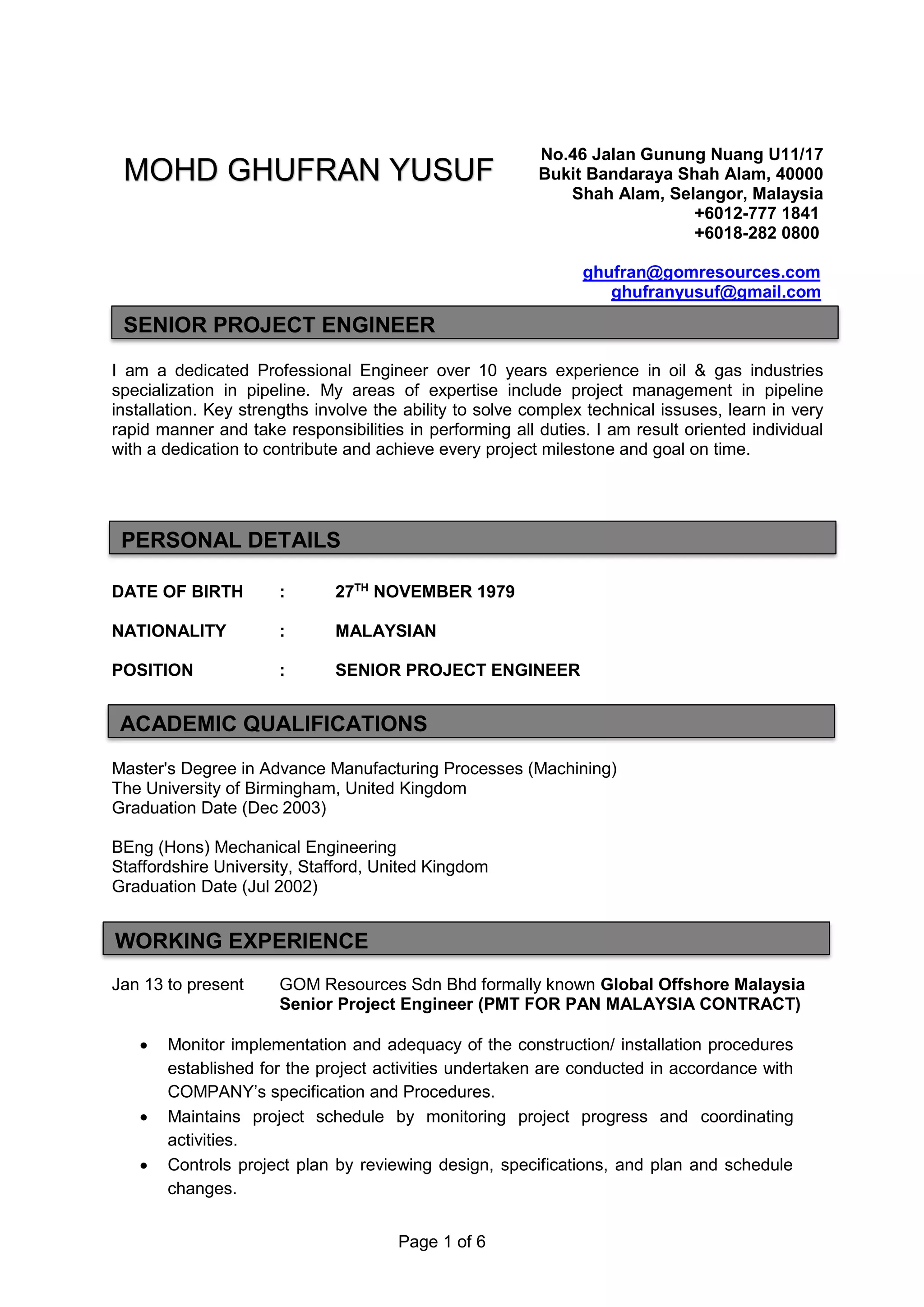 Ghufran Resume 2015 a | PDF | Civil Engineering Industry | Industries
