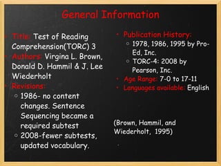 TORC-3 Test of Reading Comprehension- Third Edition | PPT