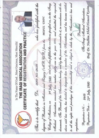 Certificate of registration and practice from Iraqi Medical Association ...