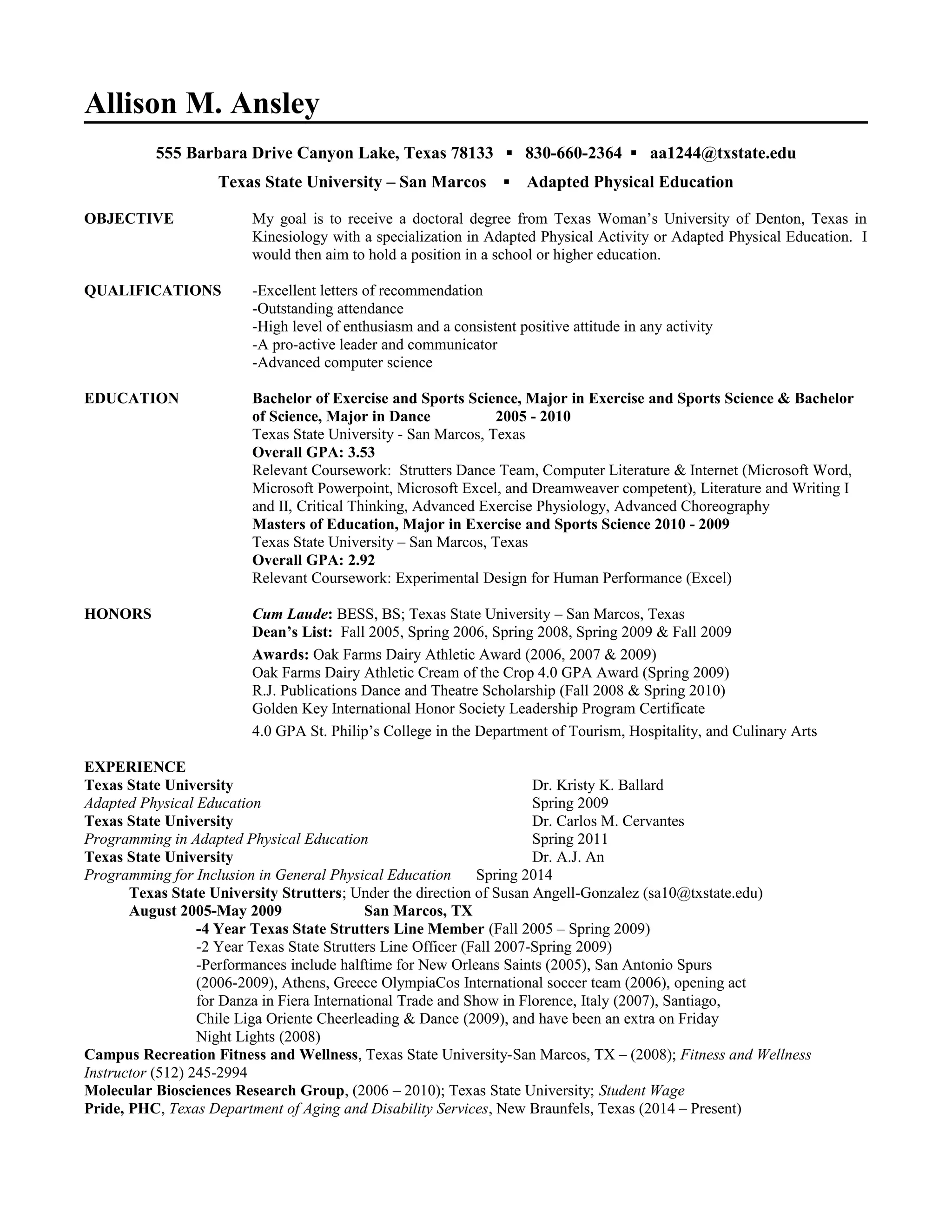 Allison M. Ansley Resume - Varelans Class | DOC | College Sports | Sports