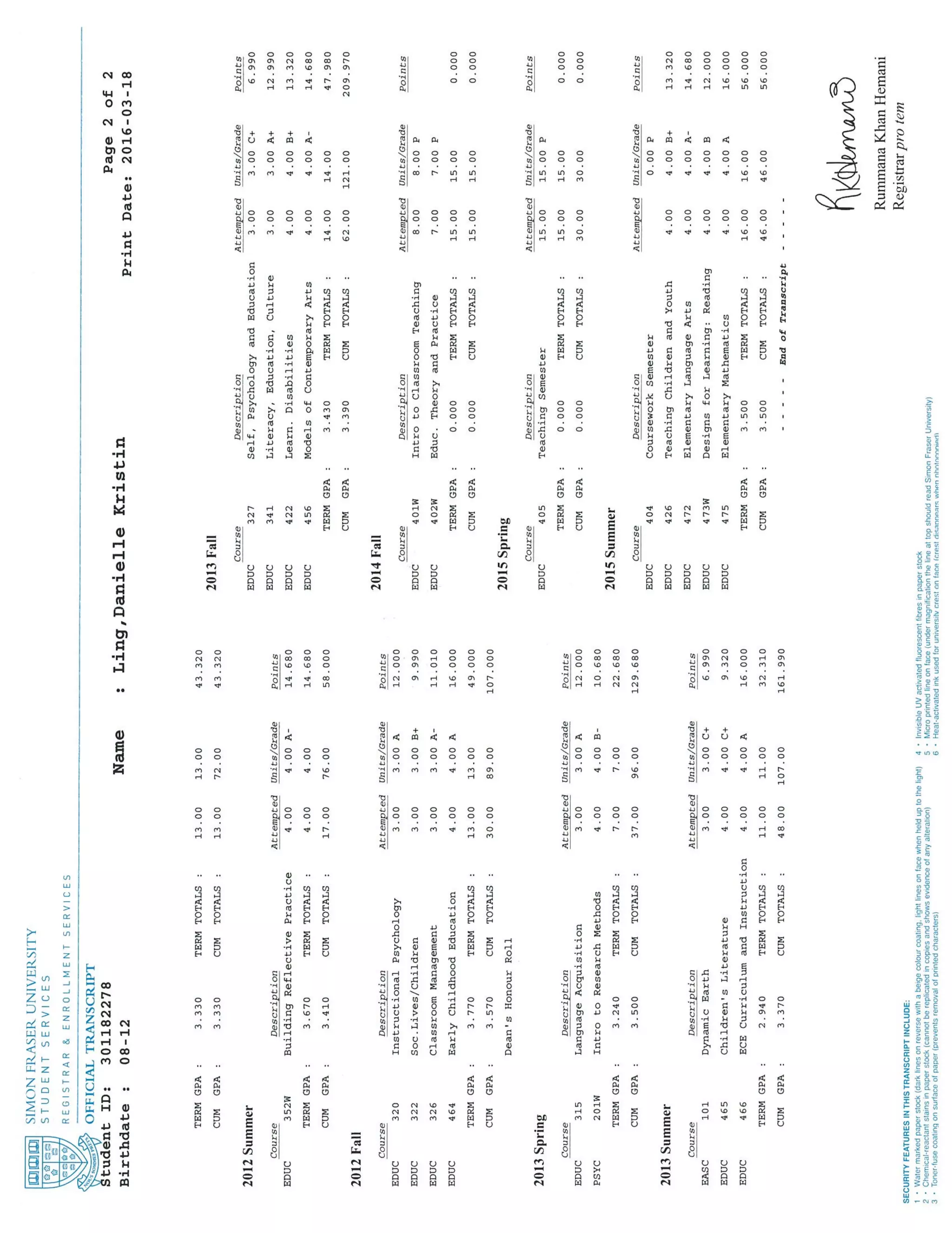 Official Transcript SFU | PDF