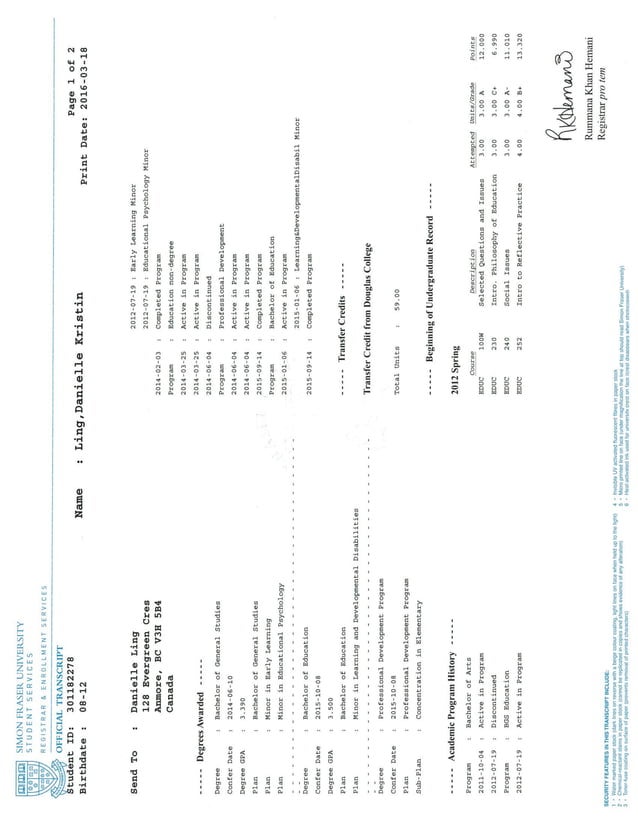 Official Transcript SFU | PDF