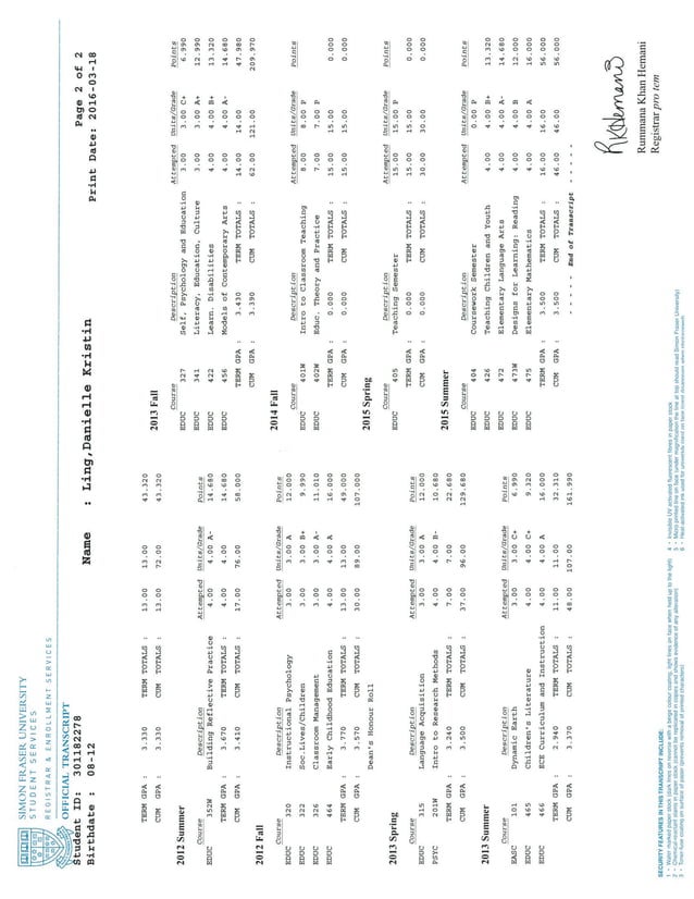 Official Transcript SFU | PDF