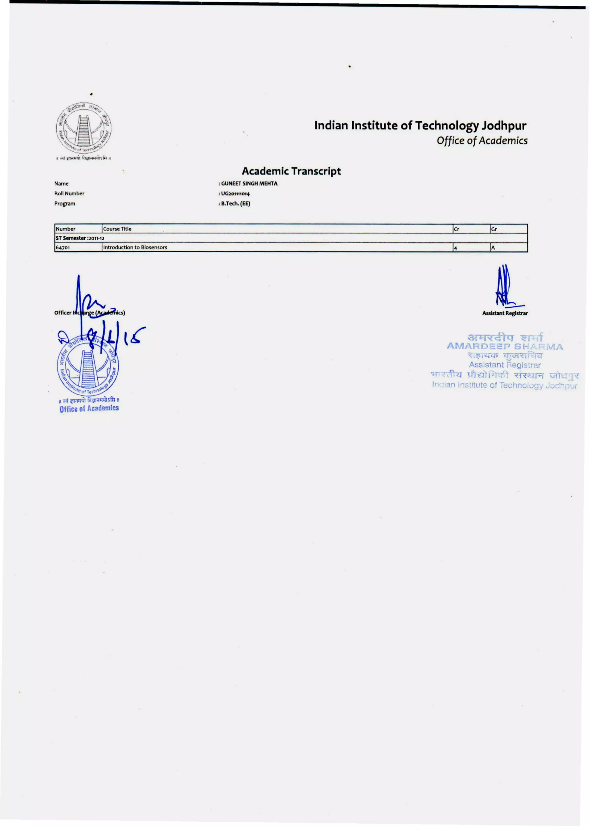 Guneet Singh Mehta gradesheet | PDF