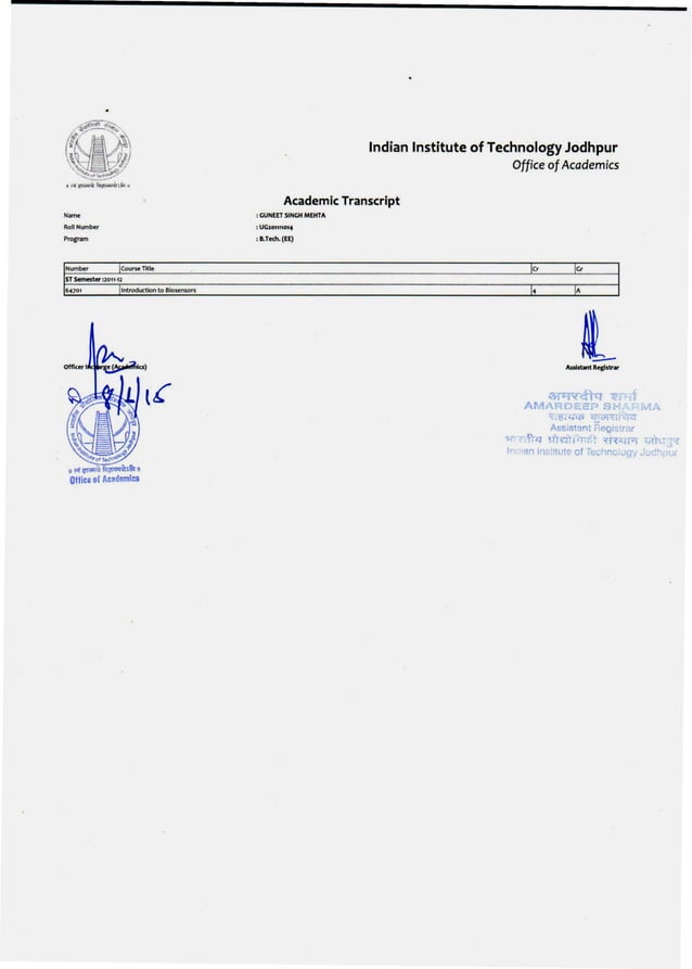 Guneet Singh Mehta gradesheet | PDF
