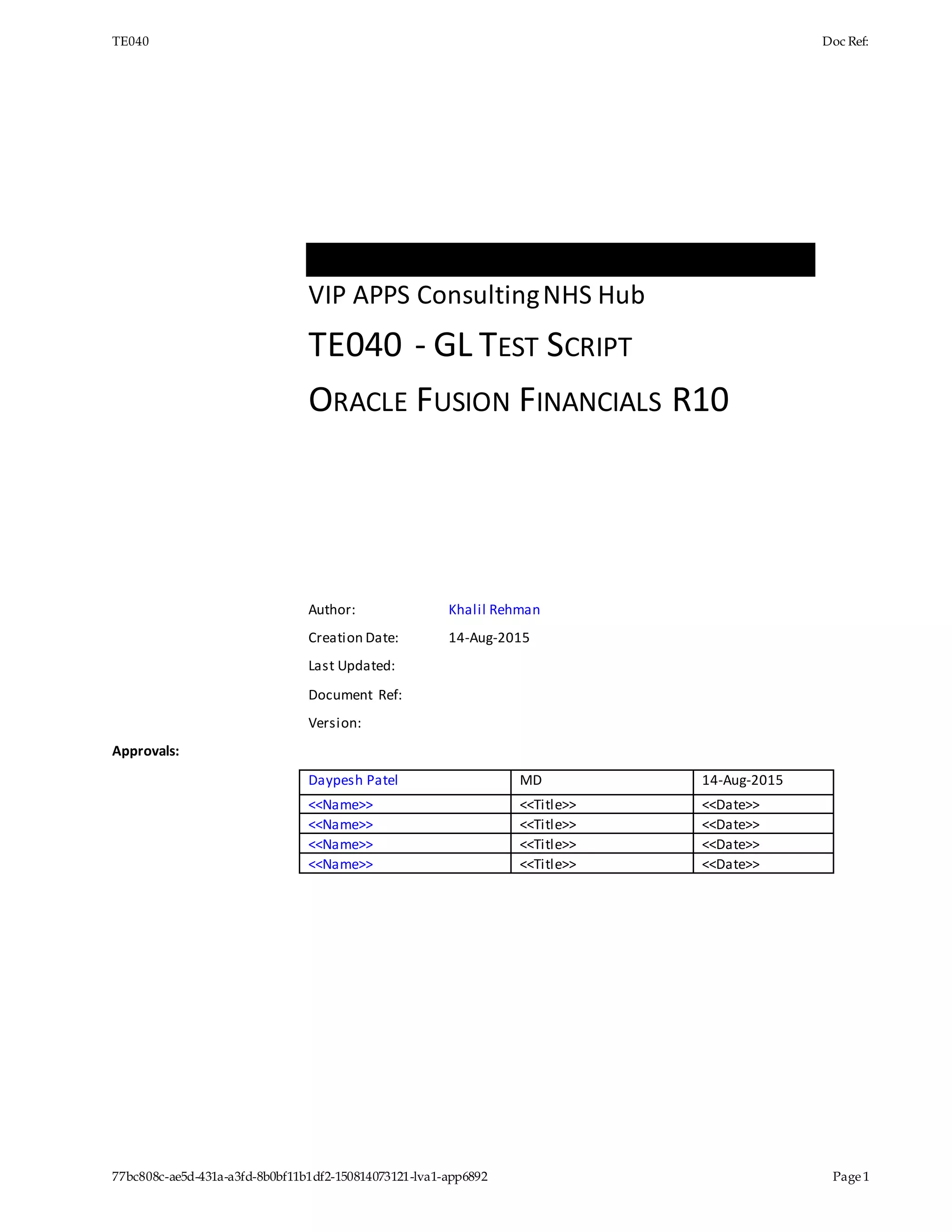 NHS SSC Fusion_GL_UAT_Test Script v2.0 | DOCX