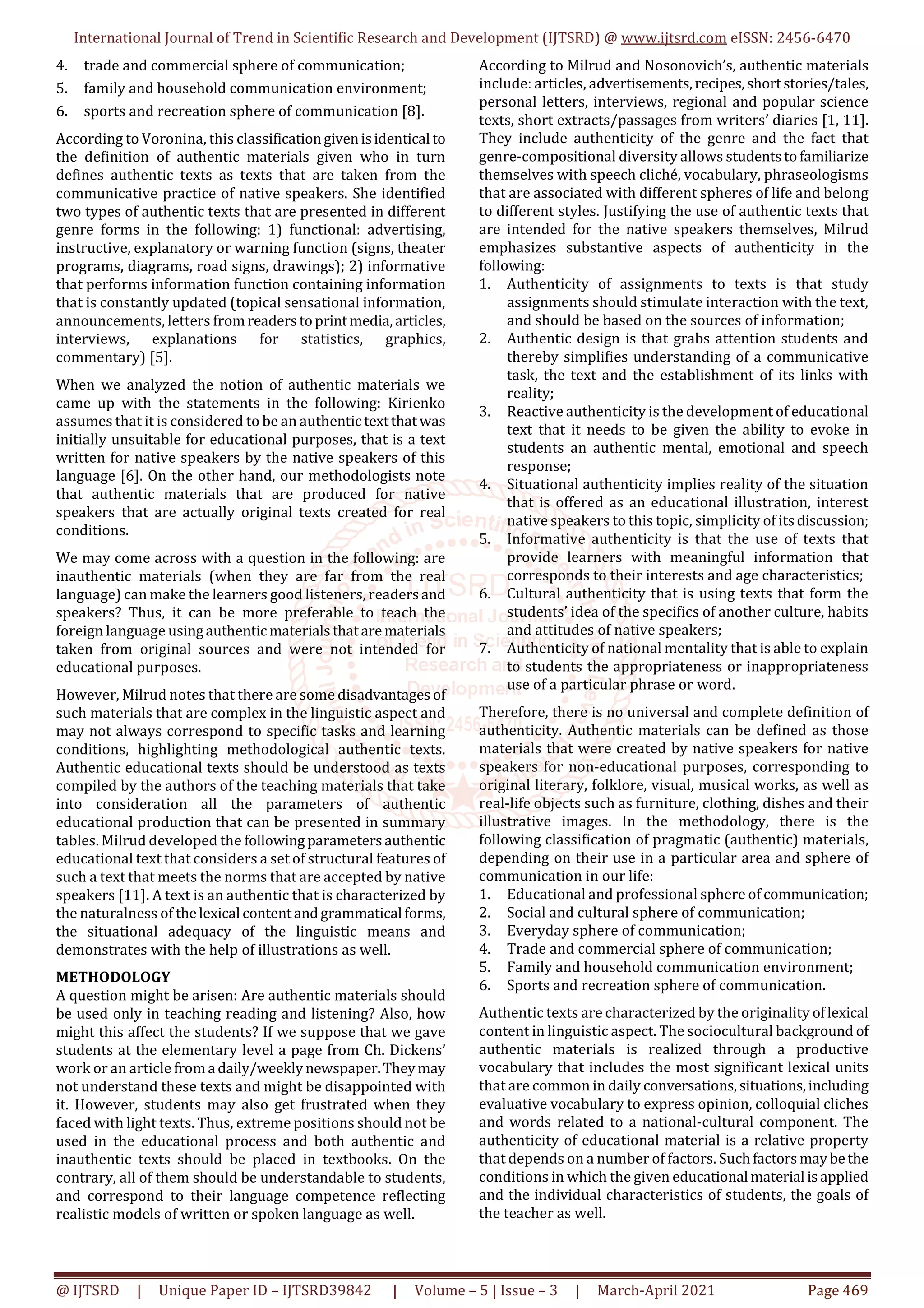 Classification of Authentic Materials in the EFL Teaching to Improve ...