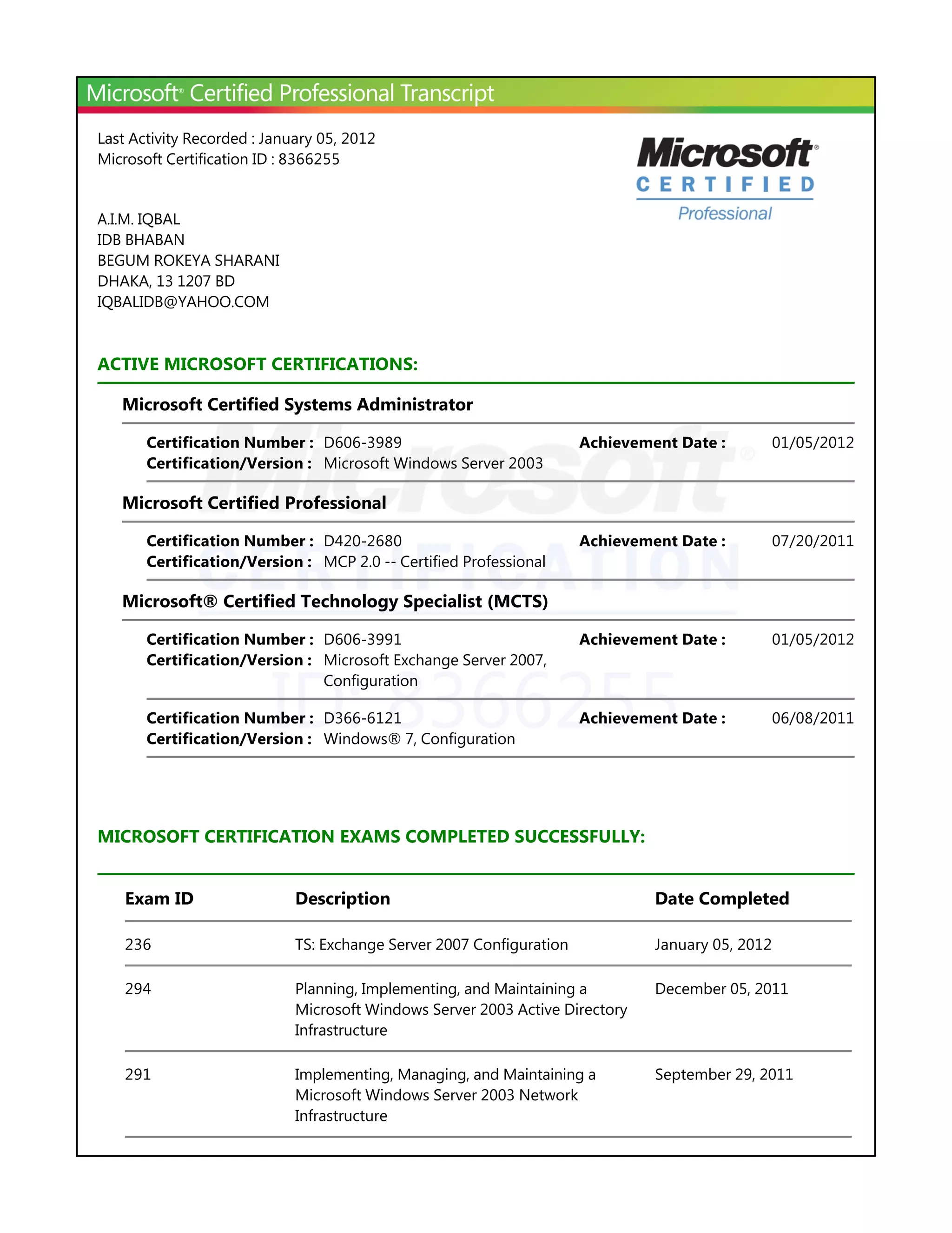 MY MICROSOFT CIRTIFICATE | PDF