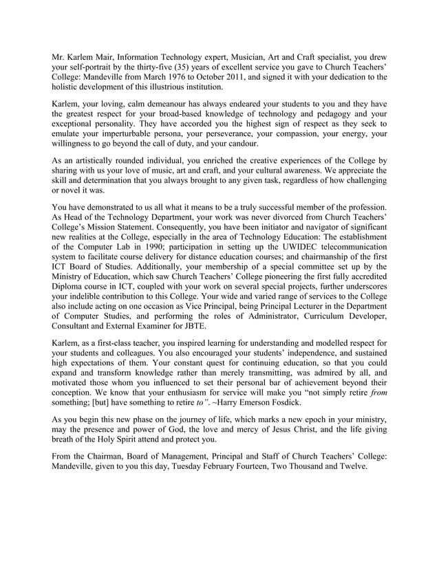 Citation at retirement | DOC | College Education | Education