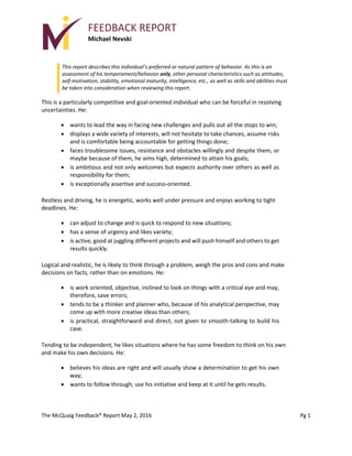 Michael Nevski - McQuaig Feedback Report | PDF