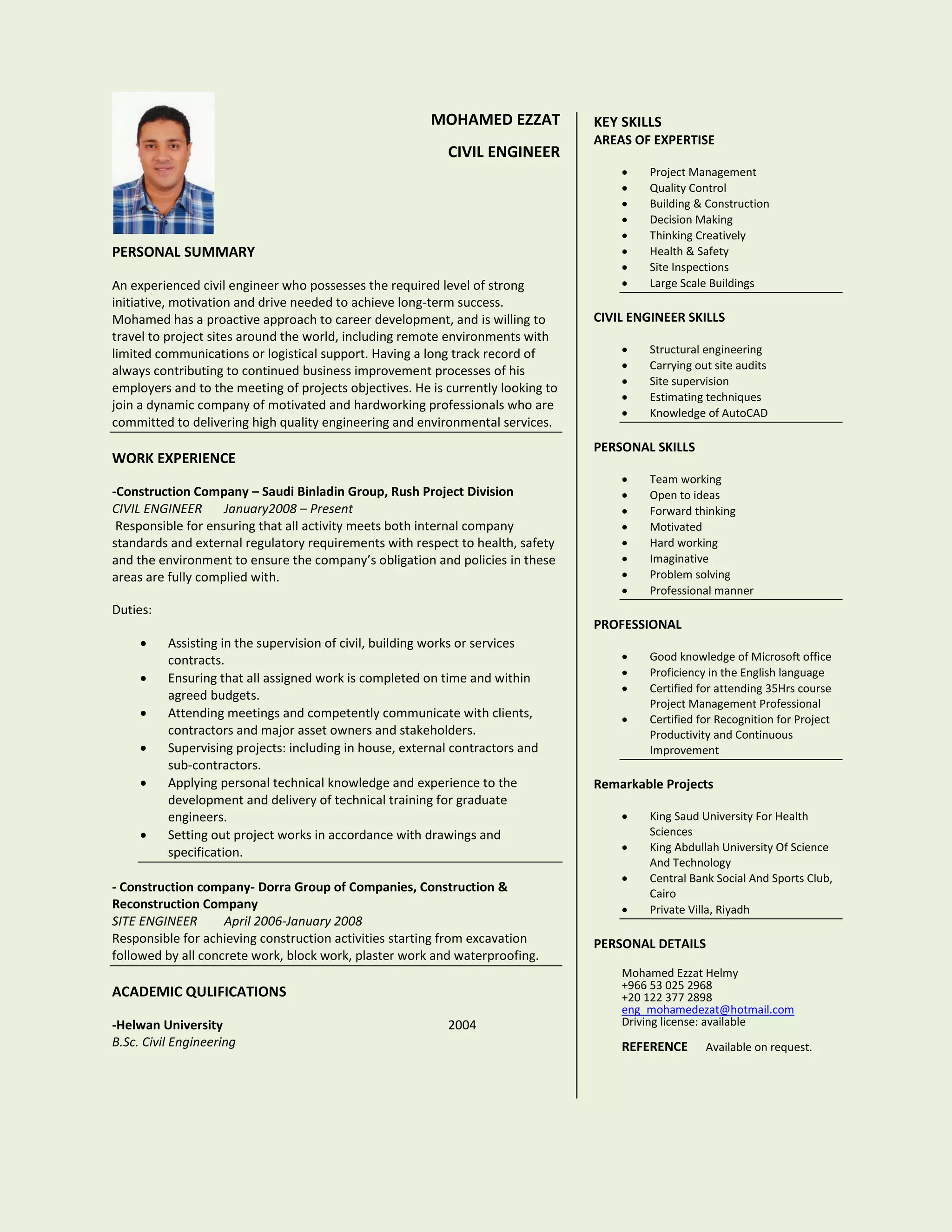 MOHAMED EZZAT CV | PDF | Civil Engineering Industry | Industries