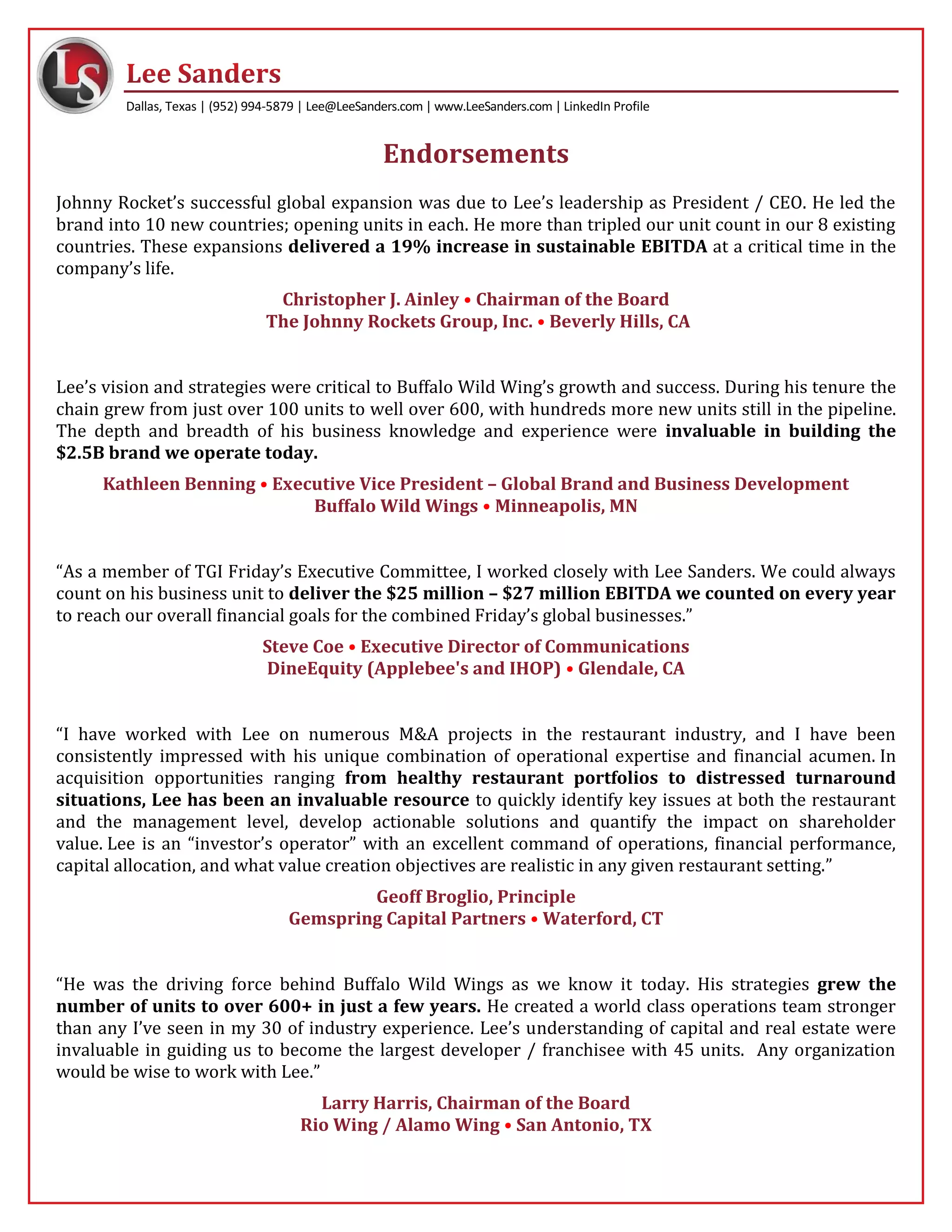 Lee Sanders_Endorsements | PDF