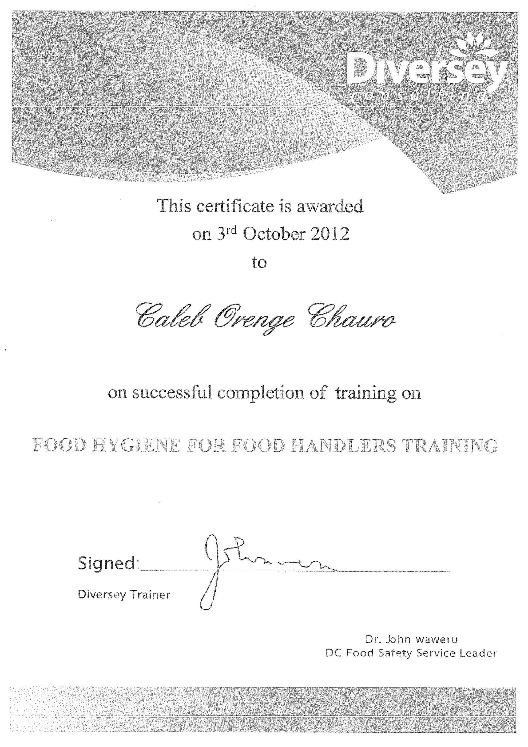 Diversey Certificate. | PDF
