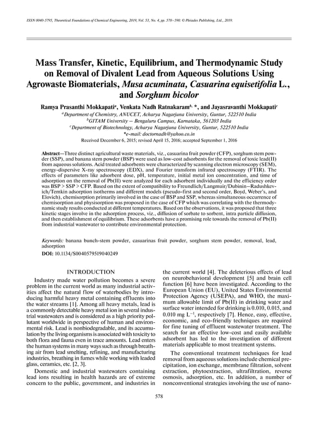 Mass Transfer, Kinetic, Equilibrium, and Thermodynamic Study on Removal ...