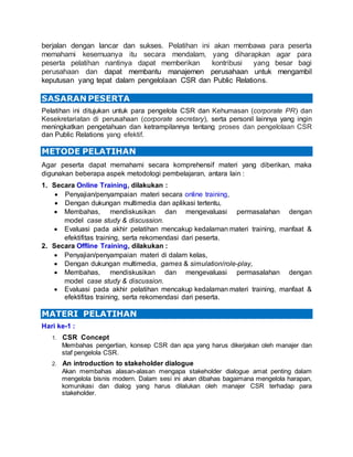 Silabus Training "Effective Corporate Social Responsibility (CSR) & PUBLIC RELATIONs (Kehumasan ...