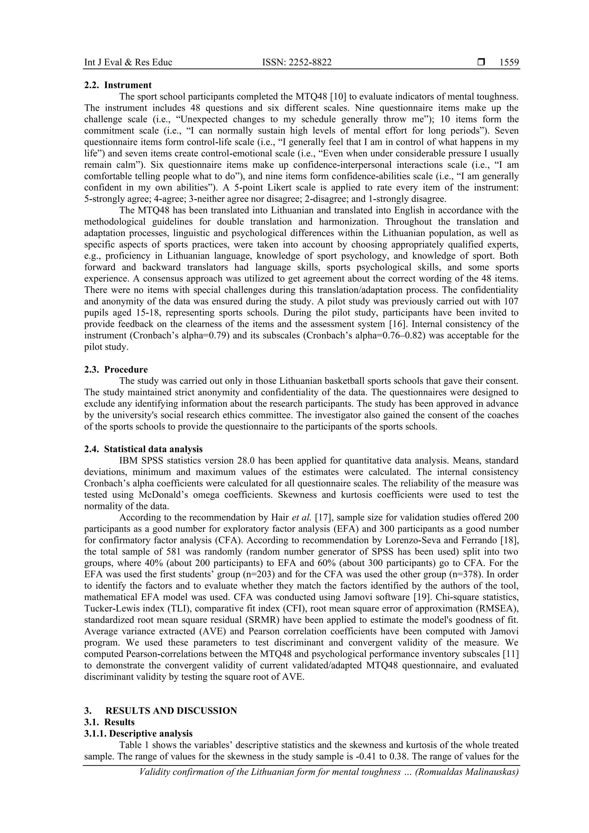 Validity confirmation of the Lithuanian form for mental toughness ...