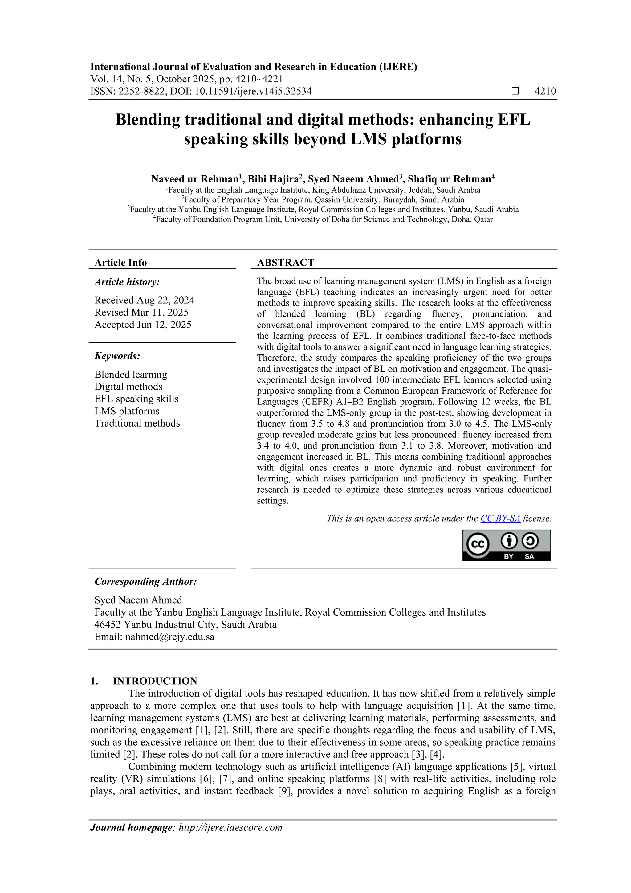 Blending traditional and digital methods: enhancing EFL speaking skills ...