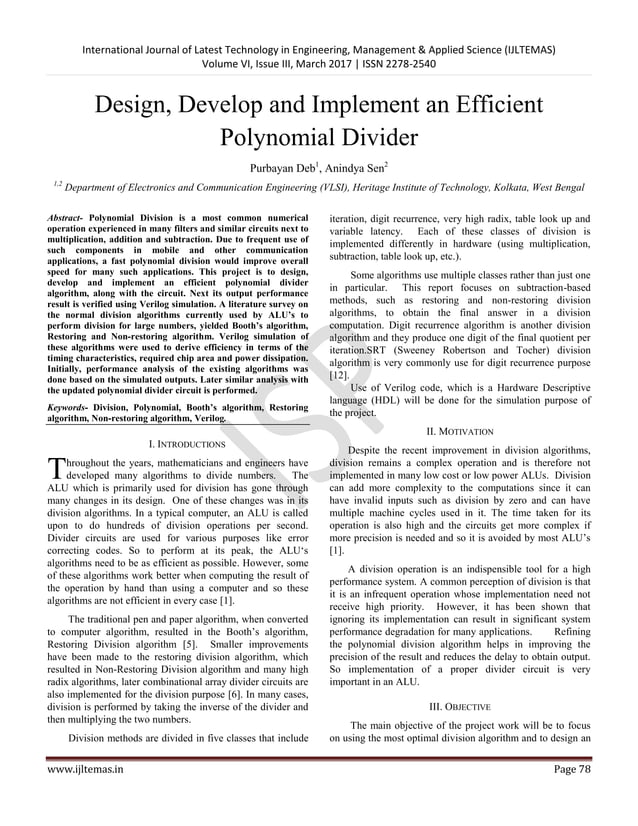 Design, Develop and Implement an Efficient Polynomial Divider | PDF