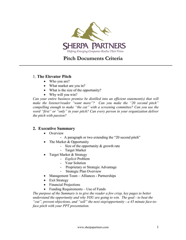 Pitch Document Criteria | PDF