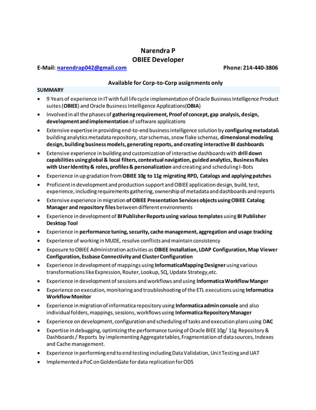 OBIEE OBIA Developer Profile | DOCX