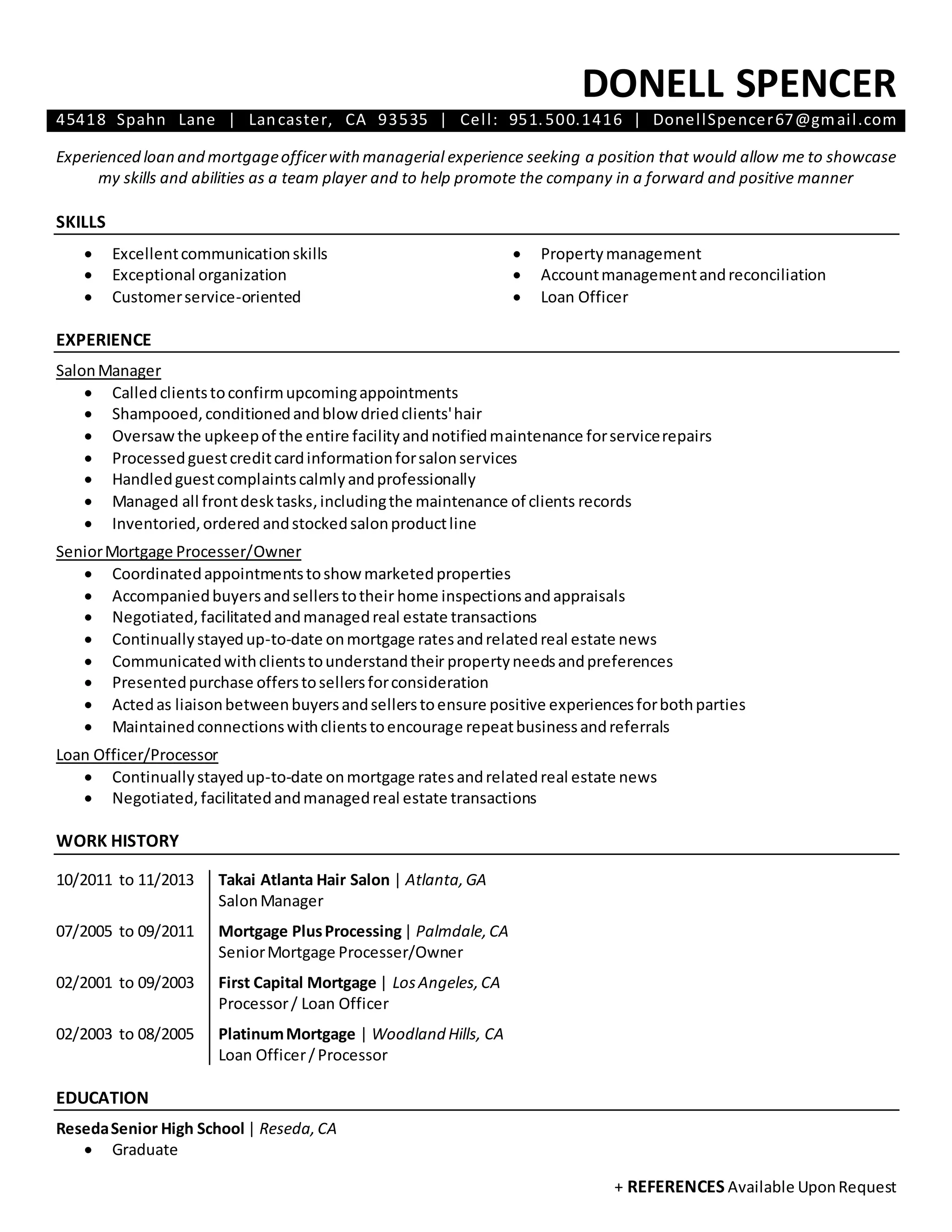 Spencer, Donell Resume | DOCX | Real Estate Industry | Industries