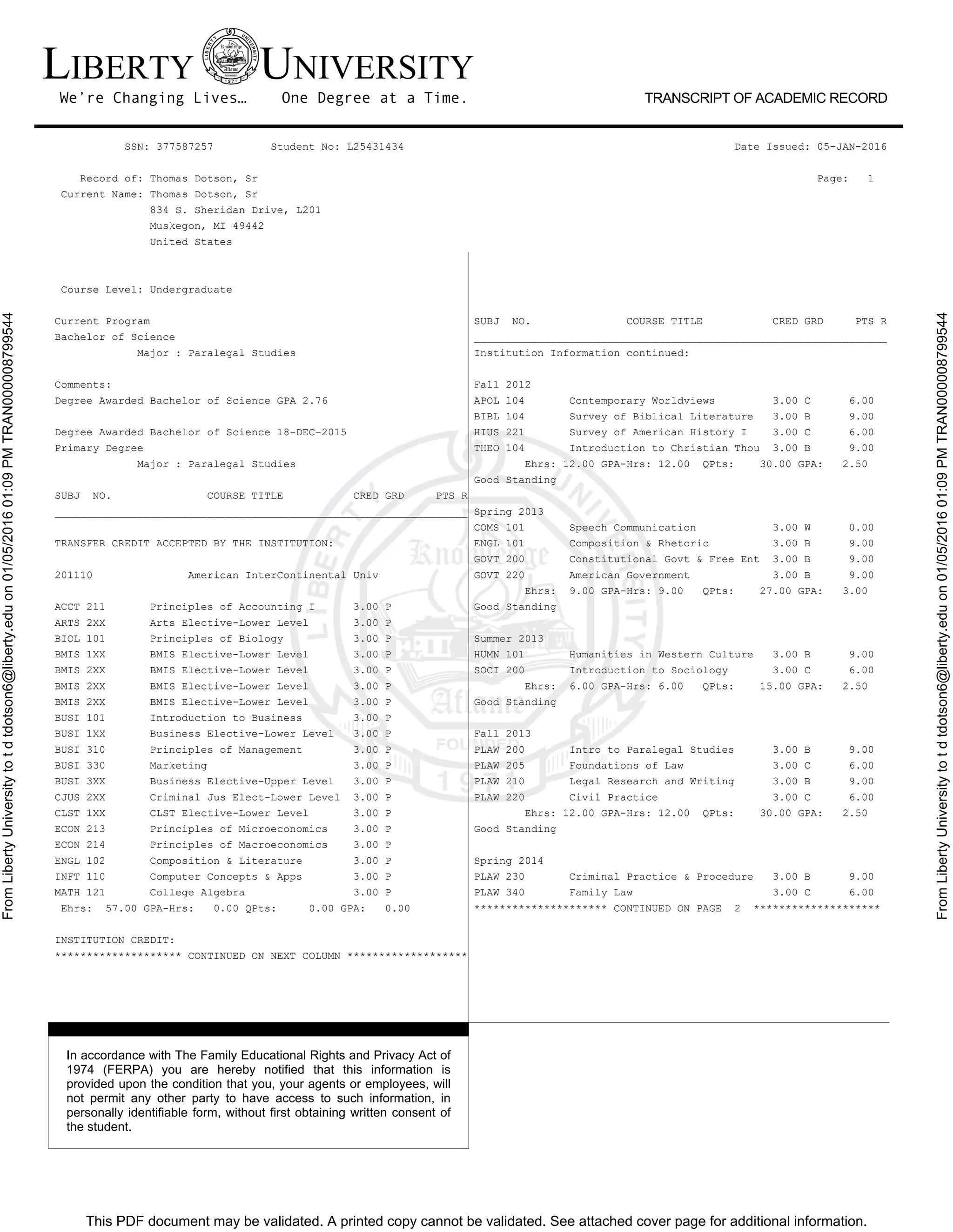 Thomas Dotson completed-transcript-8799544 | PDF | Undergraduate Education | College Education