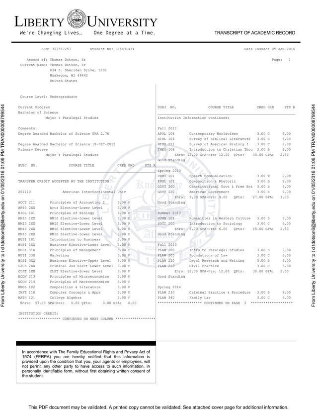 Thomas Dotson completed-transcript-8799544 | PDF | Undergraduate Education | College Education