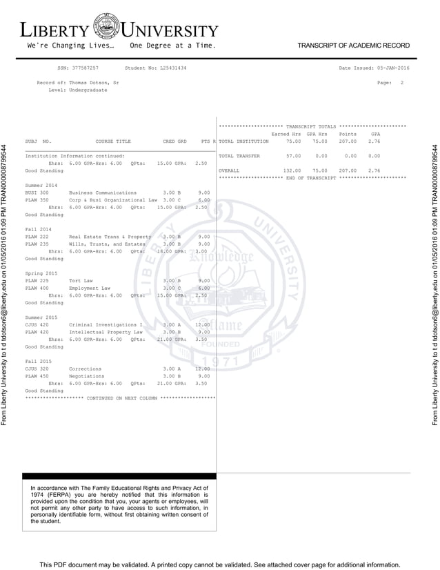 Thomas Dotson completed-transcript-8799544 | PDF | Undergraduate Education | College Education