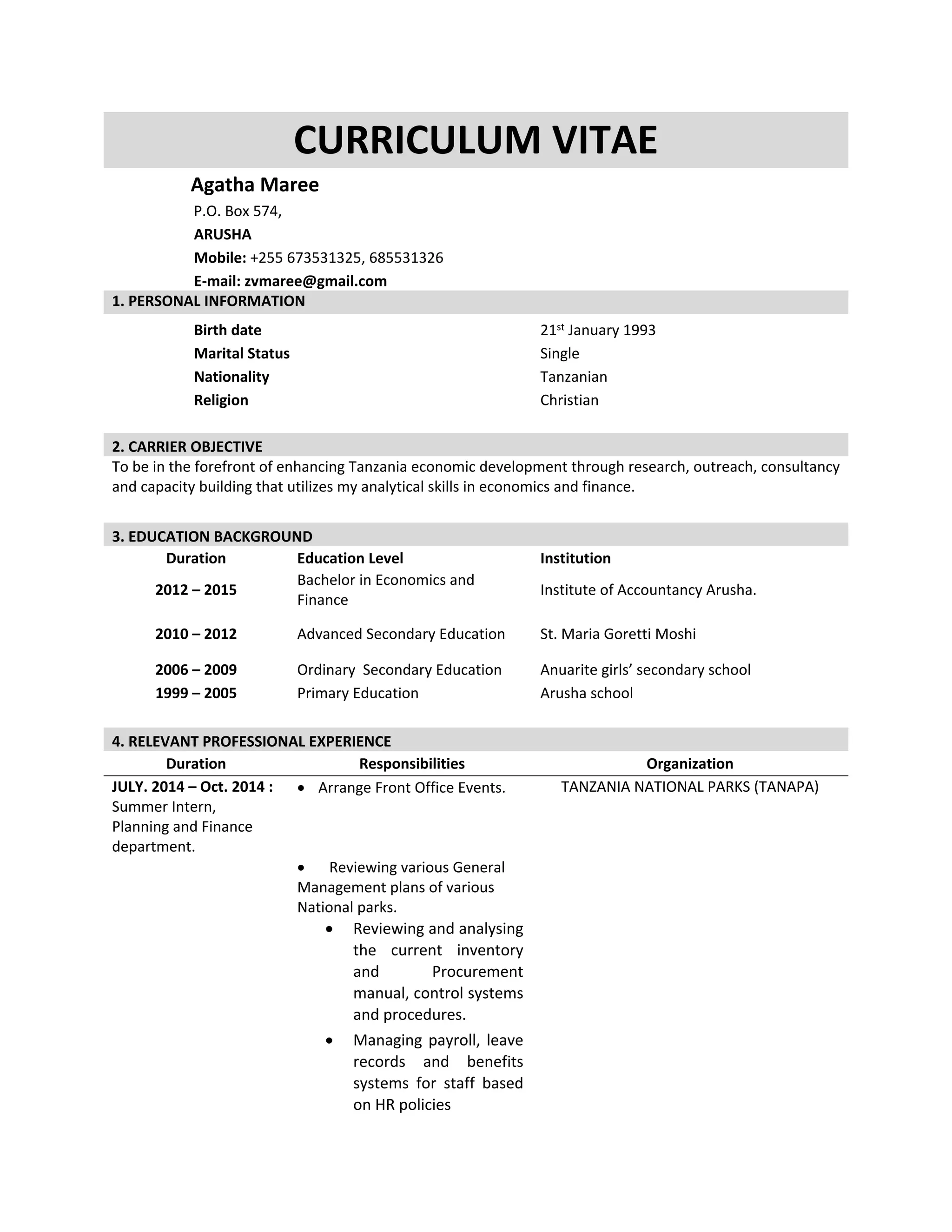 CURRICULUM VITAE - Agatha Maree | PDF