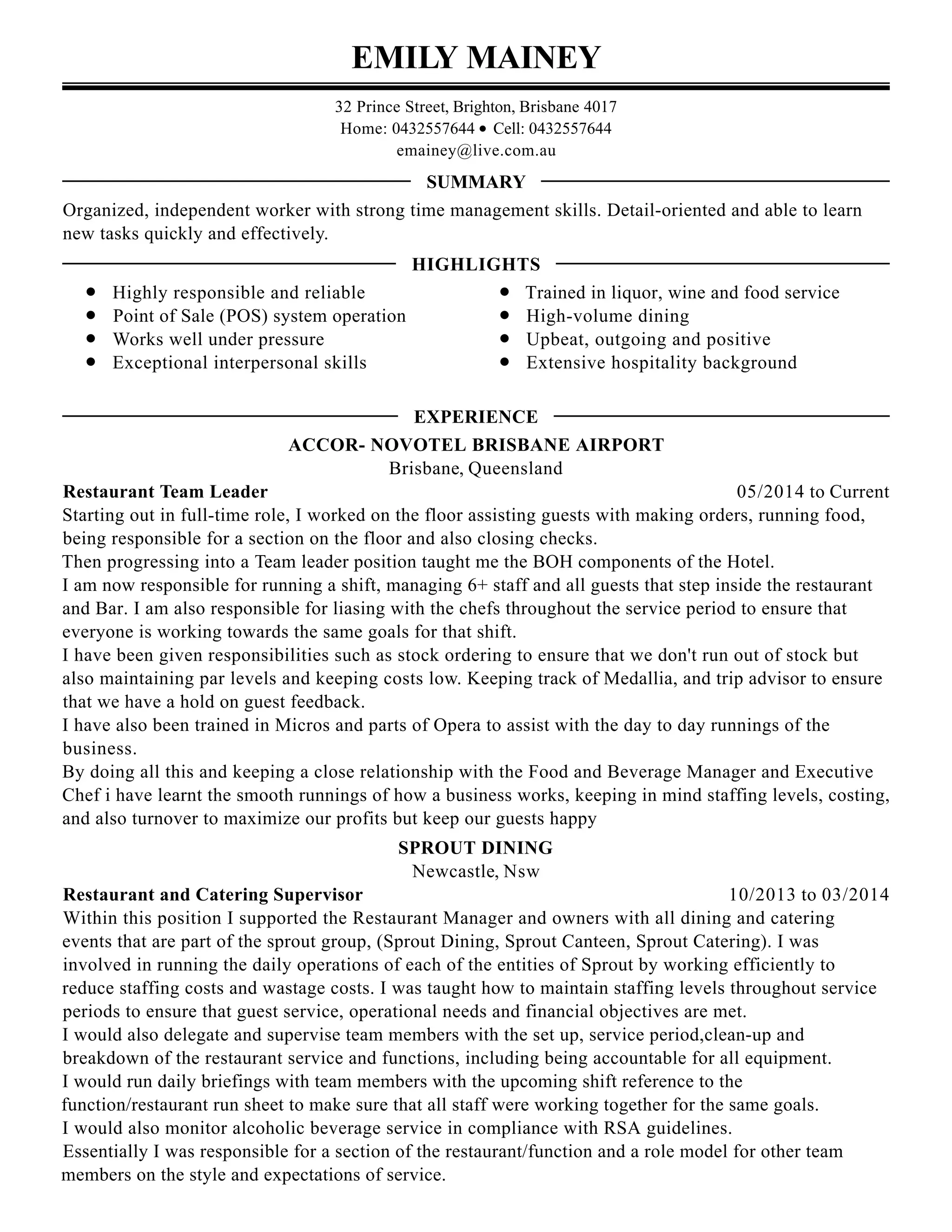 Emily Mainey Resume 1 (1) | PDF | Hospitality Industry | Industries