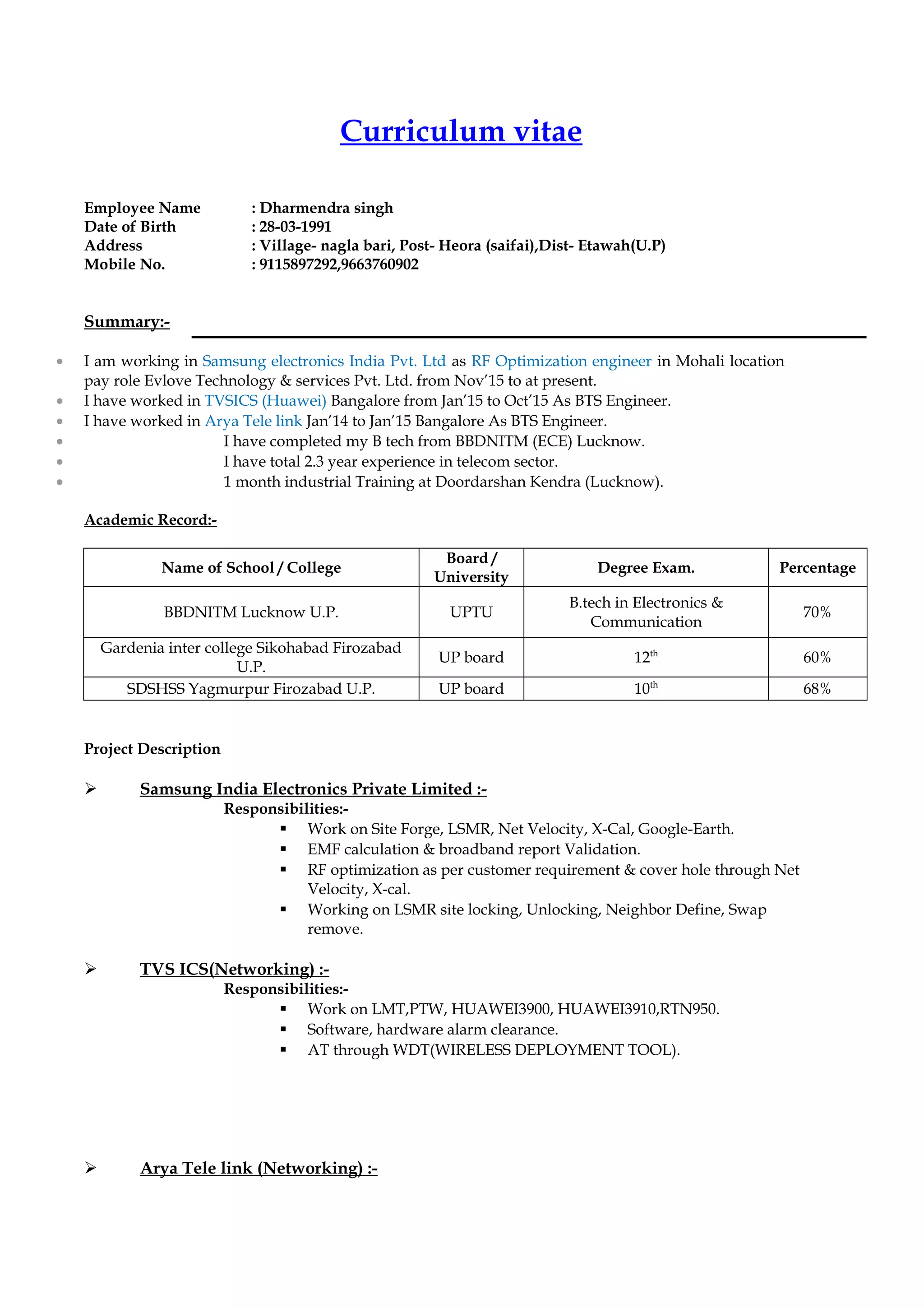 Dharmendra Singh Curriculum vitae | PDF