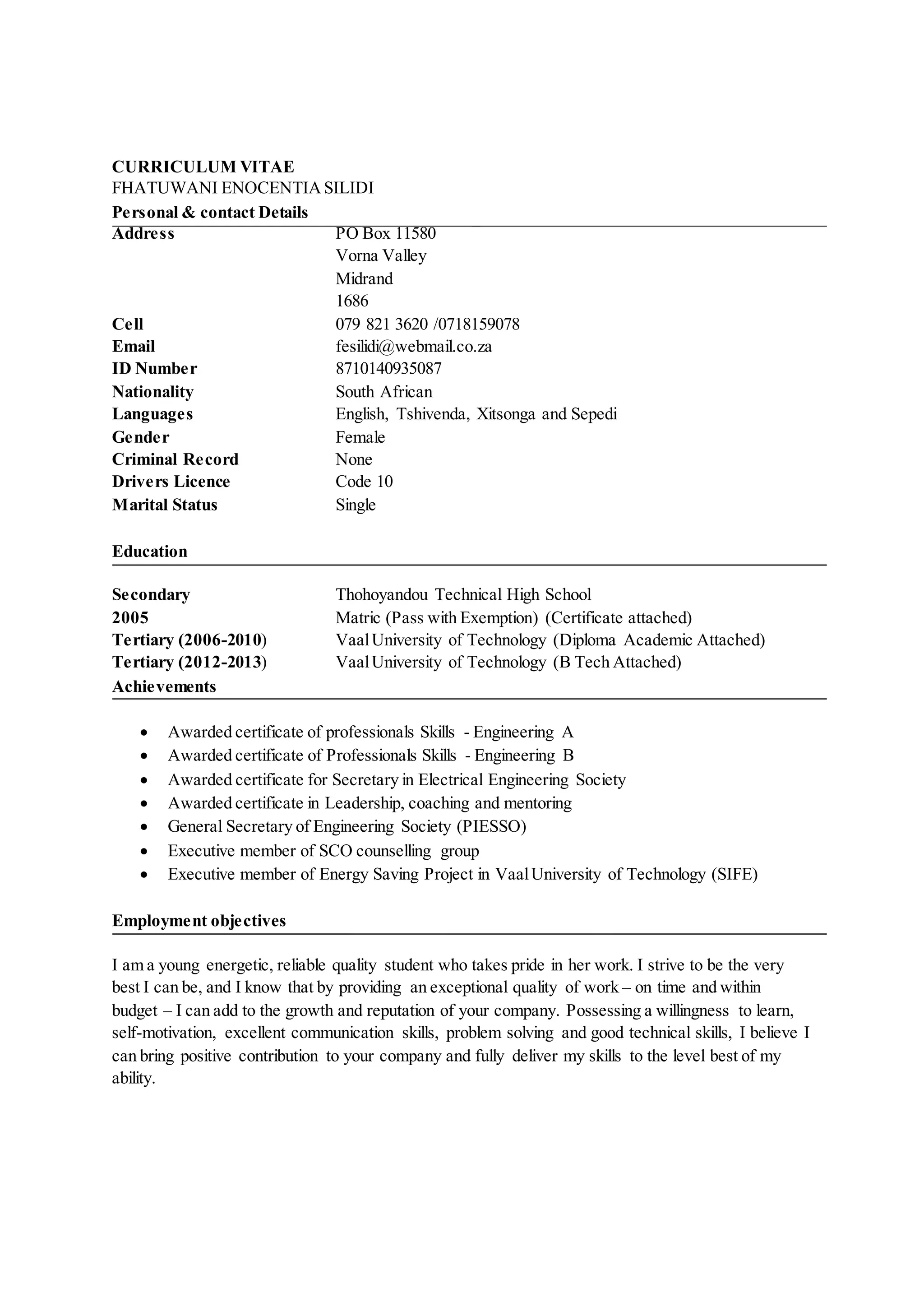 Curriculum Vitae of Fhatuwani Enocentia Silidi_2016 | DOCX