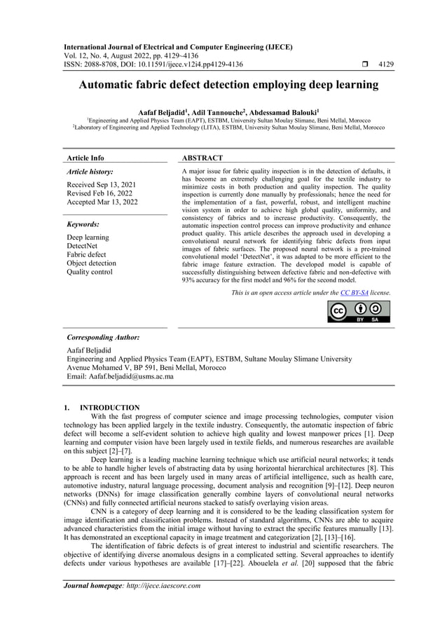 Automatic fabric defect detection employing deep learning | PDF