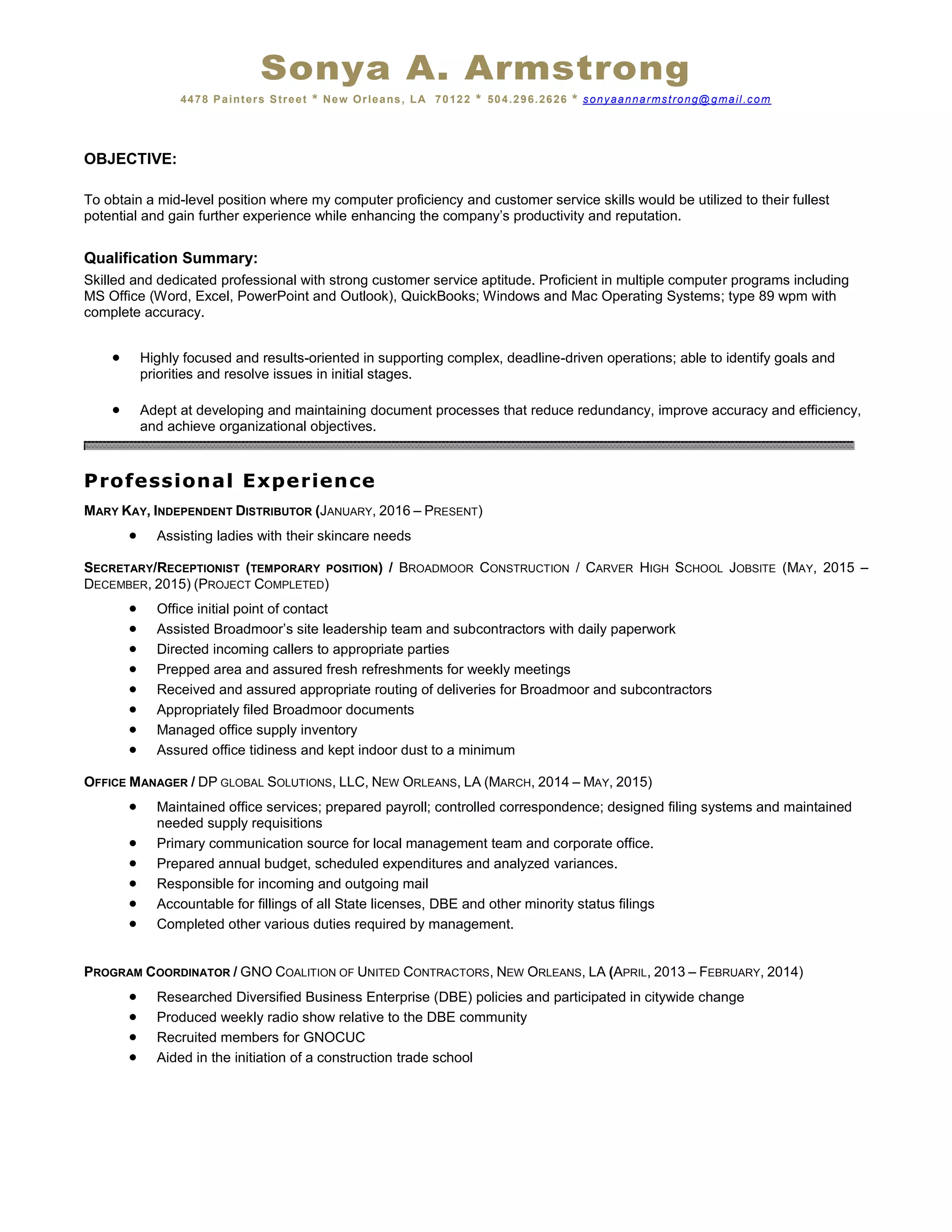 Resume of Sonya Armstrong 2017 II | PDF