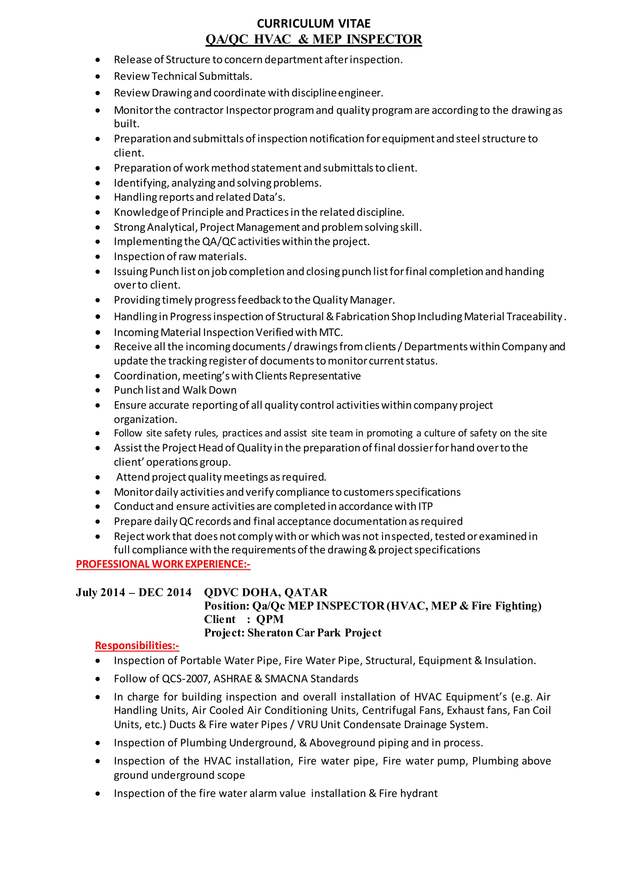 QAQC MEP HVAC INSPECTOR | DOCX