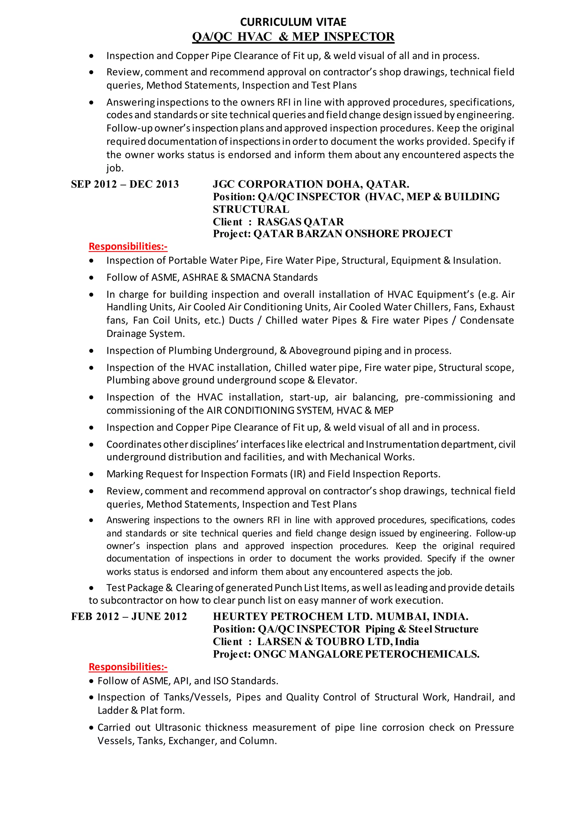 QAQC MEP HVAC INSPECTOR | DOCX