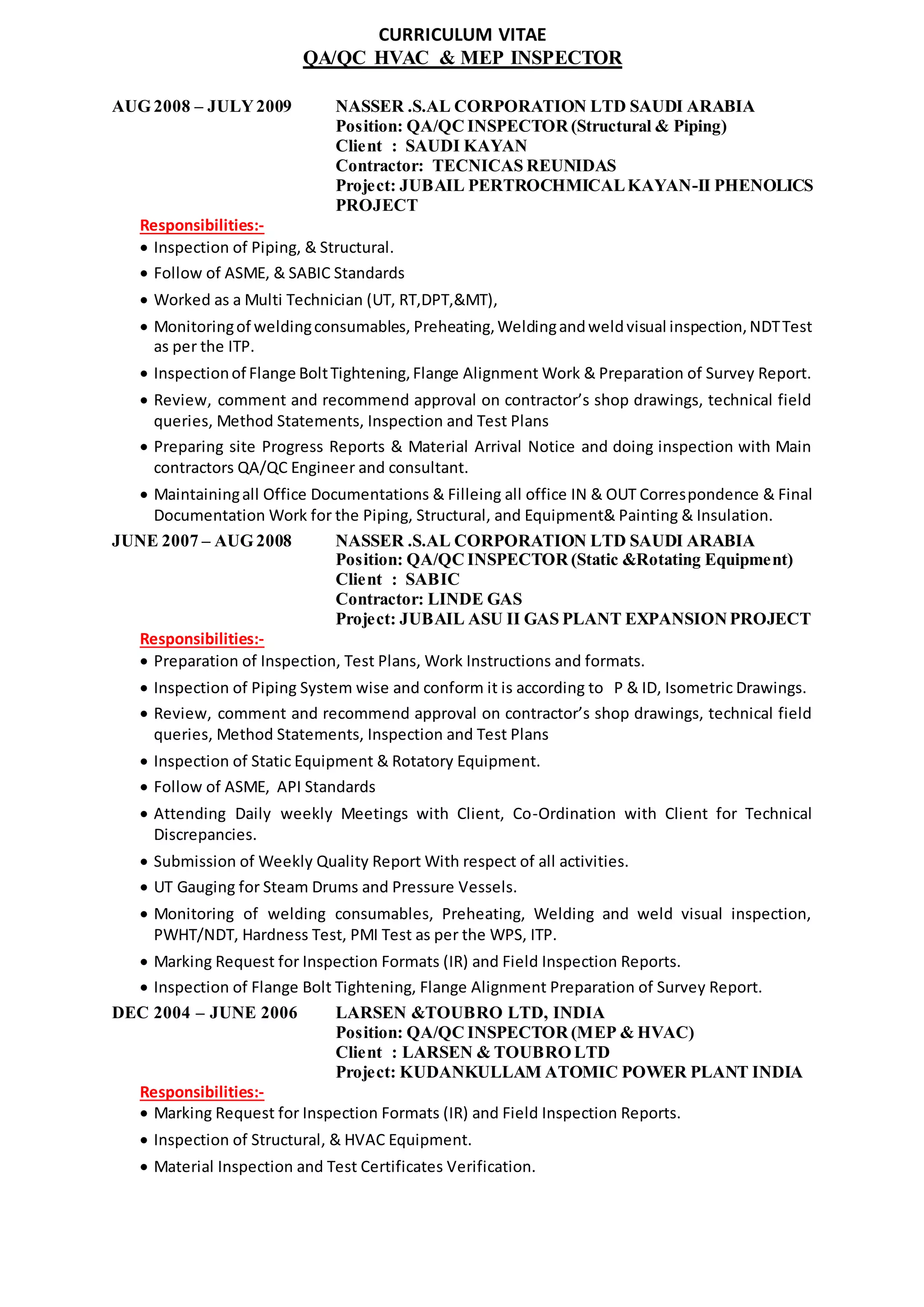 QAQC MEP HVAC INSPECTOR | DOCX