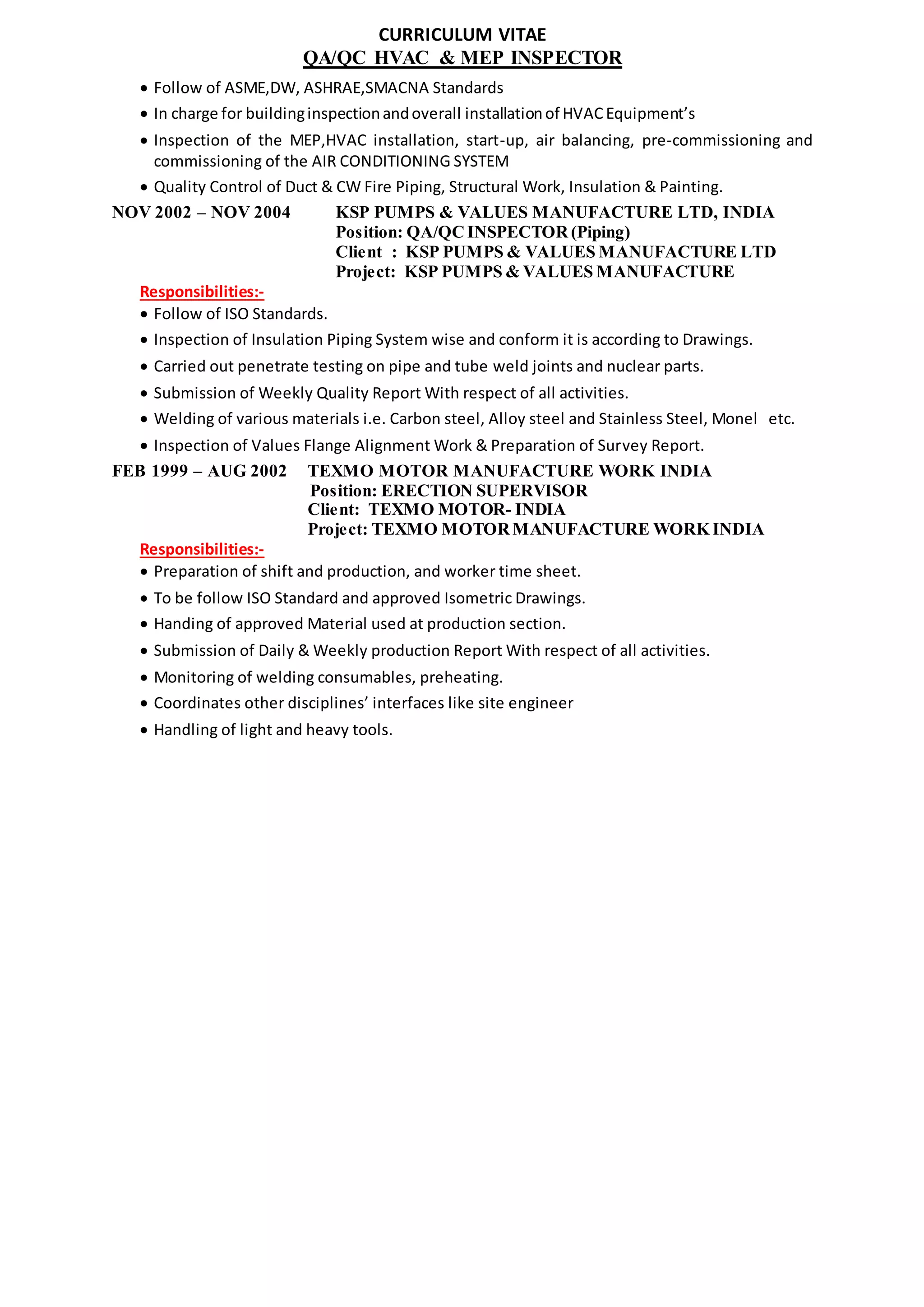 QAQC MEP HVAC INSPECTOR | DOCX