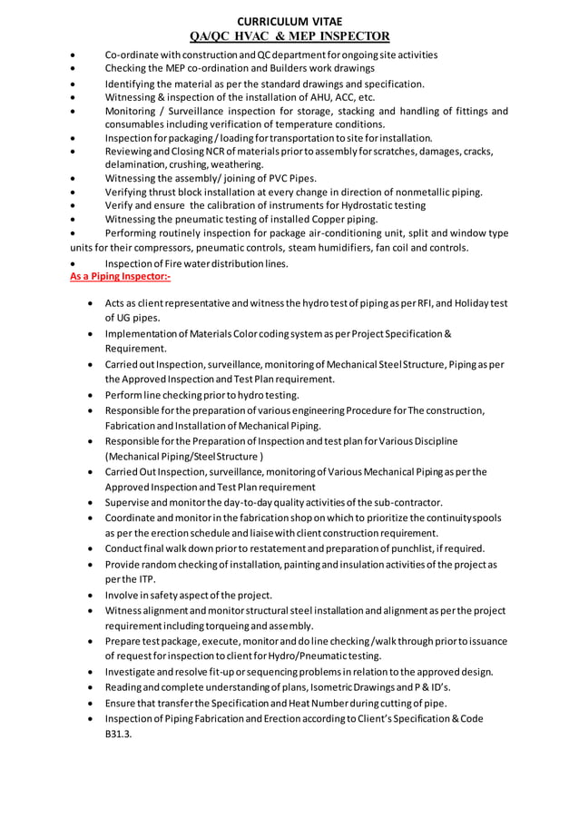 QAQC MEP HVAC INSPECTOR | DOCX