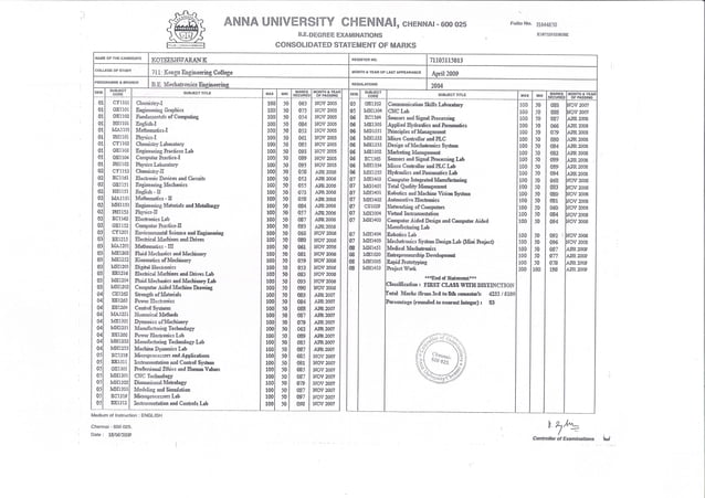 BACHELORS TRANSCRIPT-KOTEESHWARAN | PDF